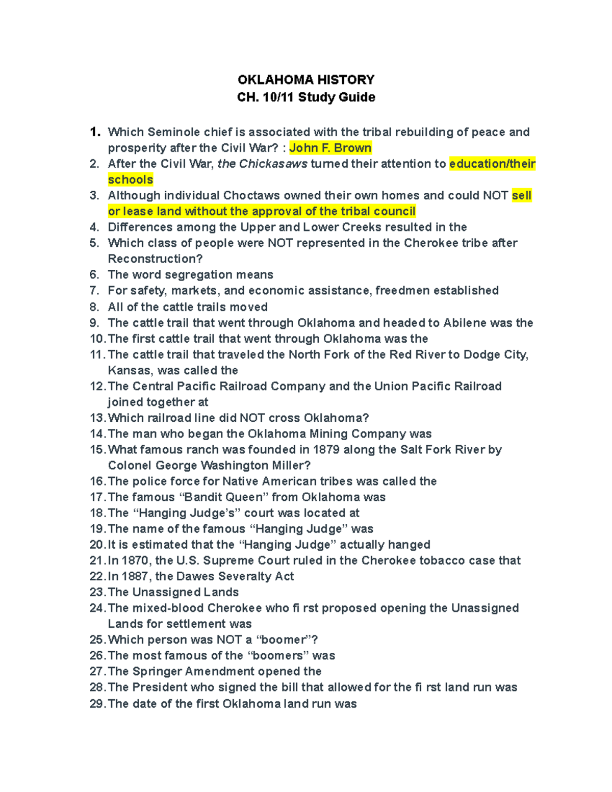 Copy of Ch. 10-11 Study Guide - OKLAHOMA HISTORY CH. 10/11 Study Guide 1. Which Seminole chief ...