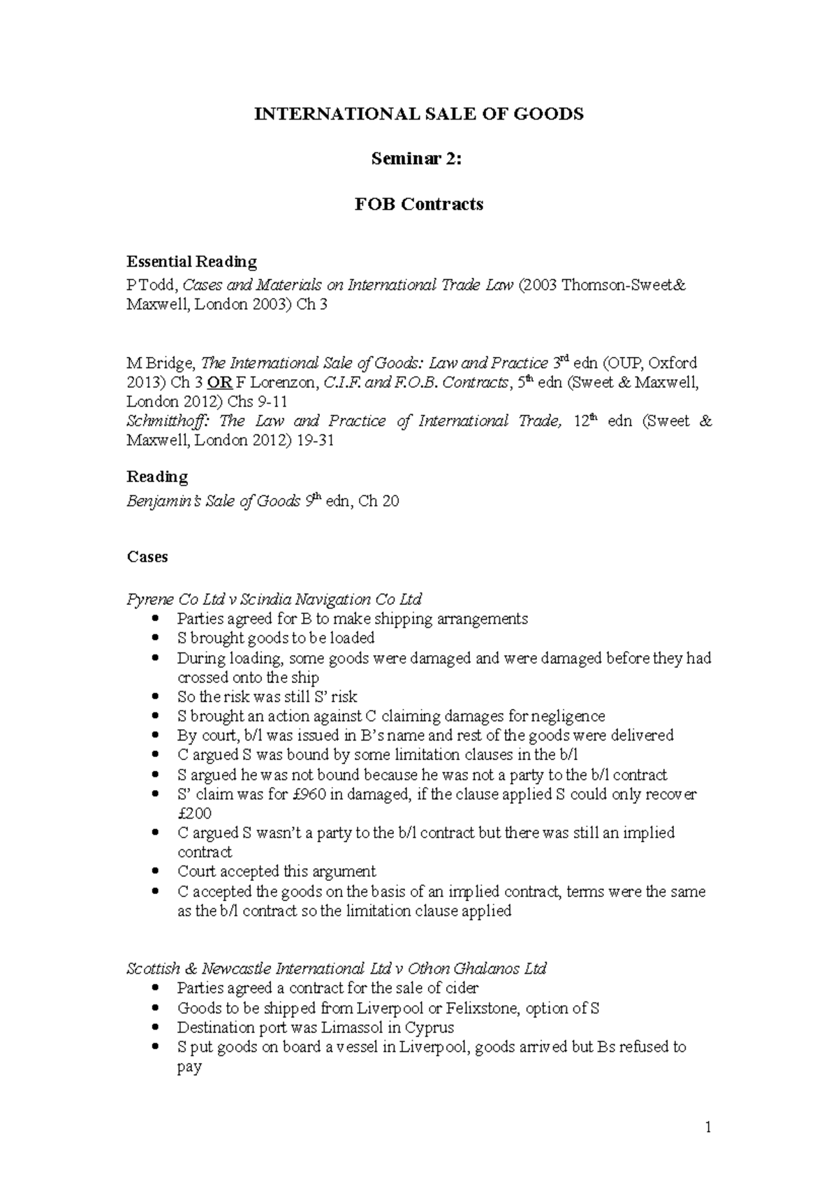 Seminar 2 - FOB - Notes - INTERNATIONAL SALE OF GOODS Seminar 2: FOB ...