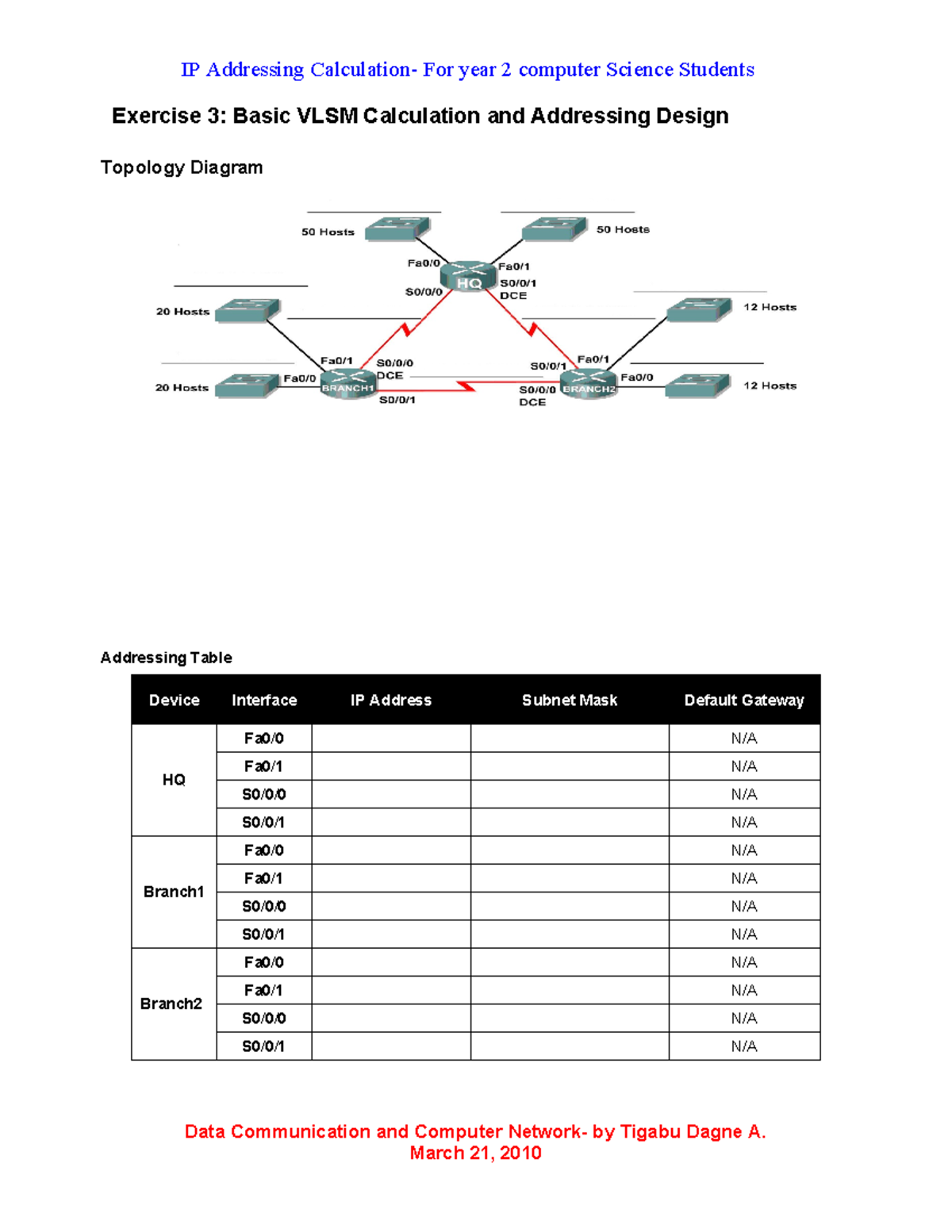 Chapter 2- classwork-3-VLSM IP addressing - Exercise 3: Basic VLSM Calculation and Addressing ...
