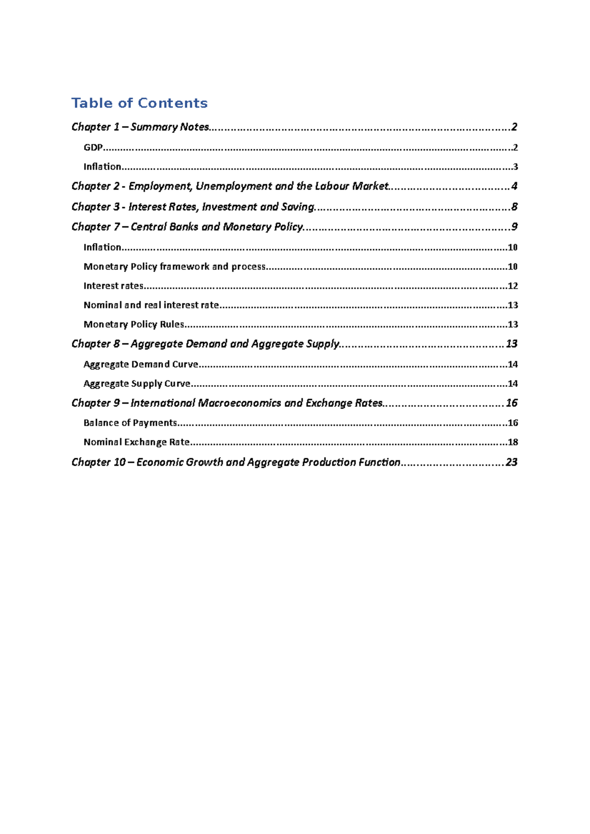 ECON1102 Macroeconomics - Summary for chapter 1,2,3,7,8,9,10 - Table of ...