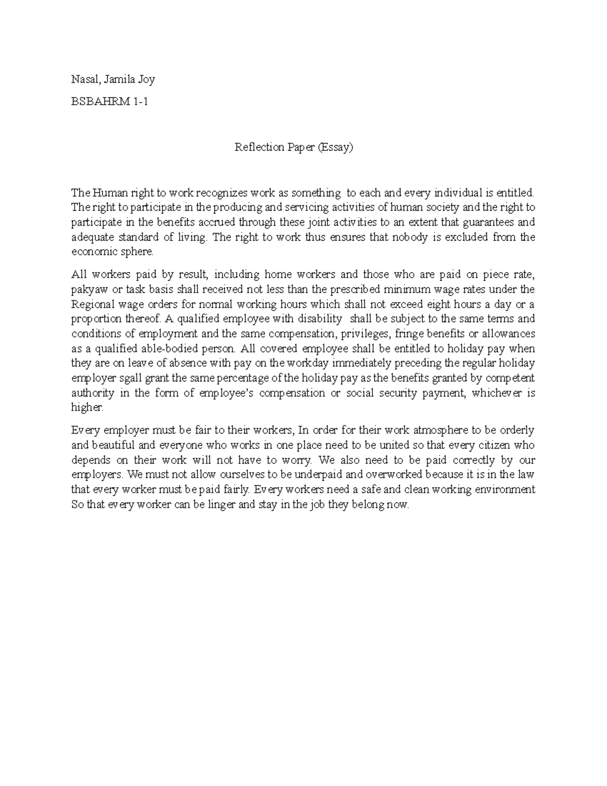 Reflection Paper- Nasal J - Nasal, Jamila Joy BSBAHRM 1- Reflection ...