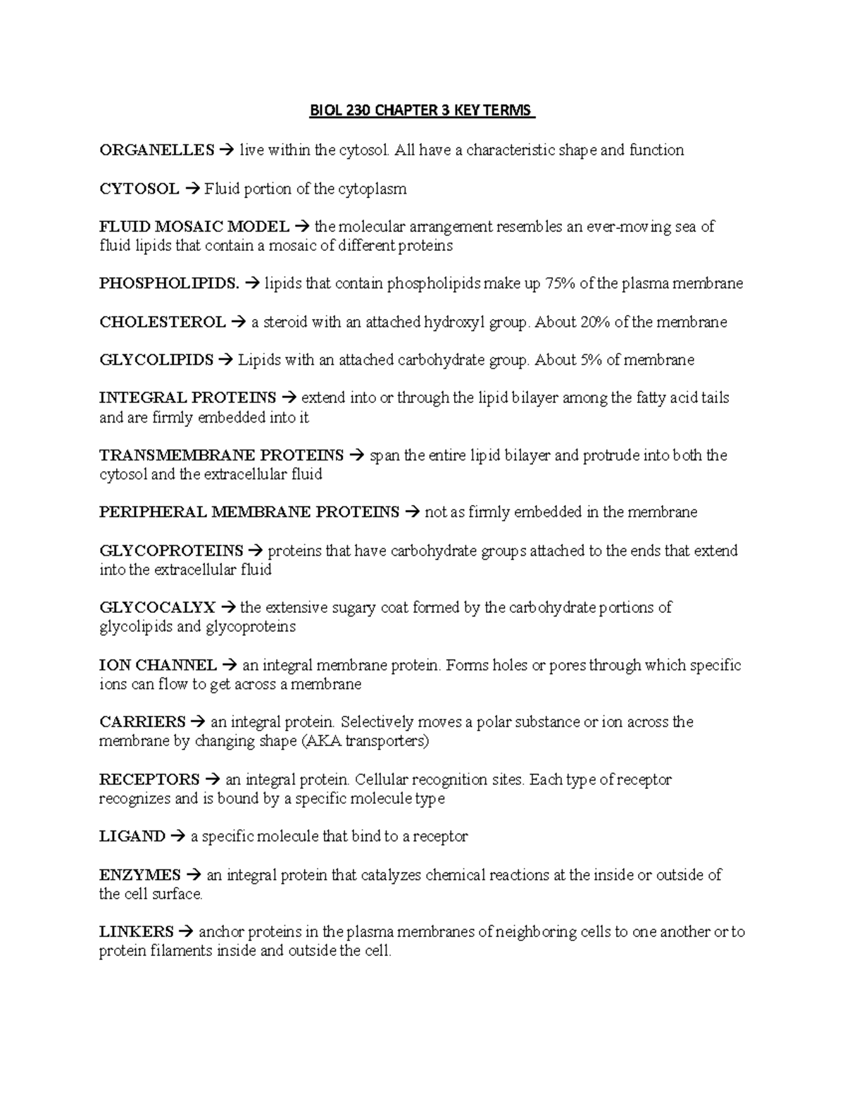 BIOL 230 Chapter 3 KEY Terms - BIOL 230 CHAPTER 3 KEY TERMS ORGANELLES ...