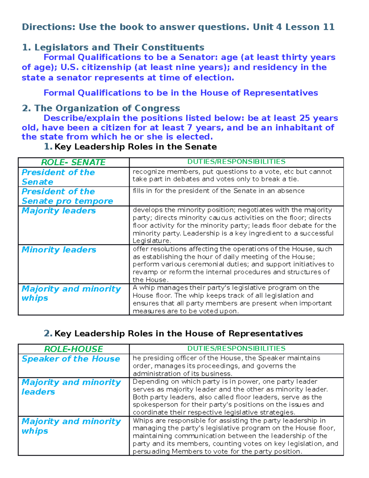 Unit 4 Lesson 11 Part 1-redo - Directions: Use the book to answer ...