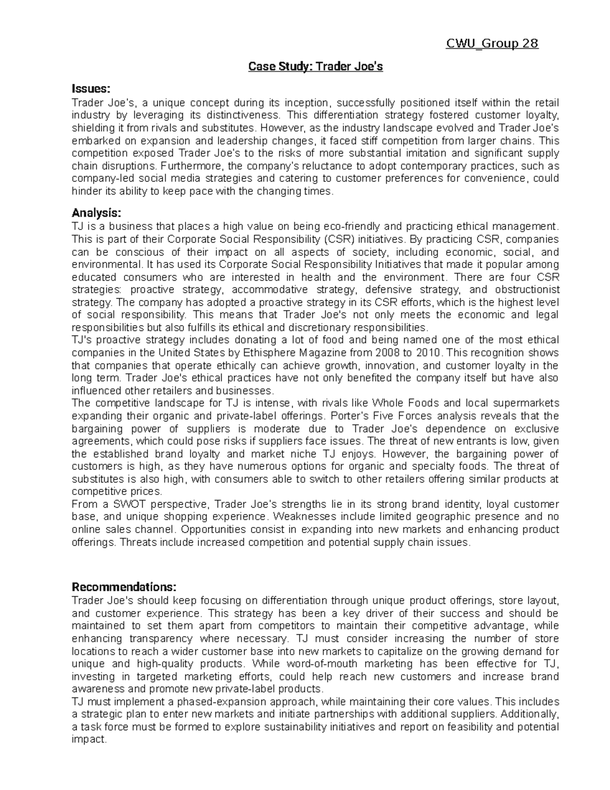Assignment Trader Joe Case - CWU_Group 28 Case Study: Trader Joe’s Issues: Trader Joe’s, a ...