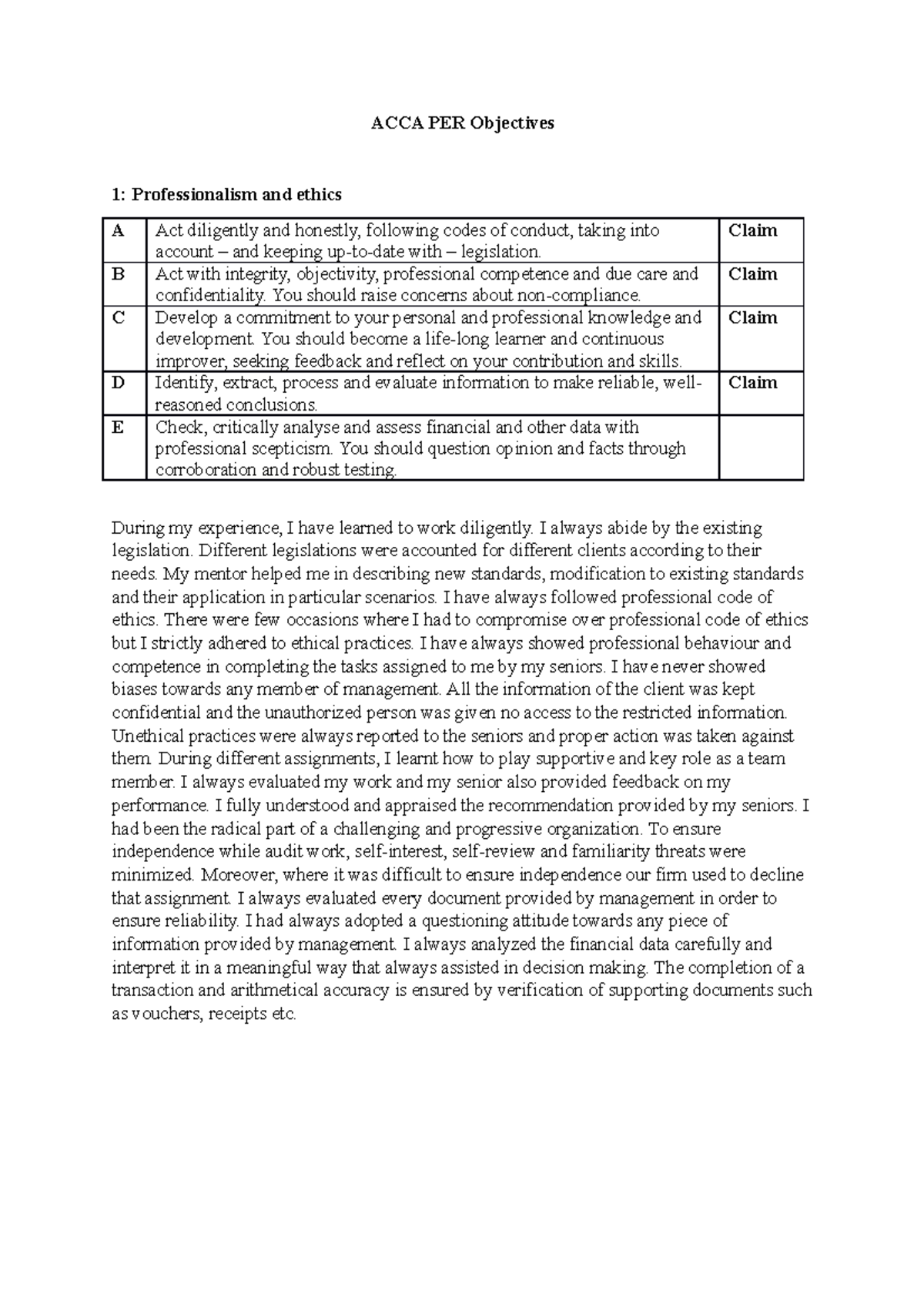 ACCA PER Objectives Claim B Act With Integrity Objectivity 