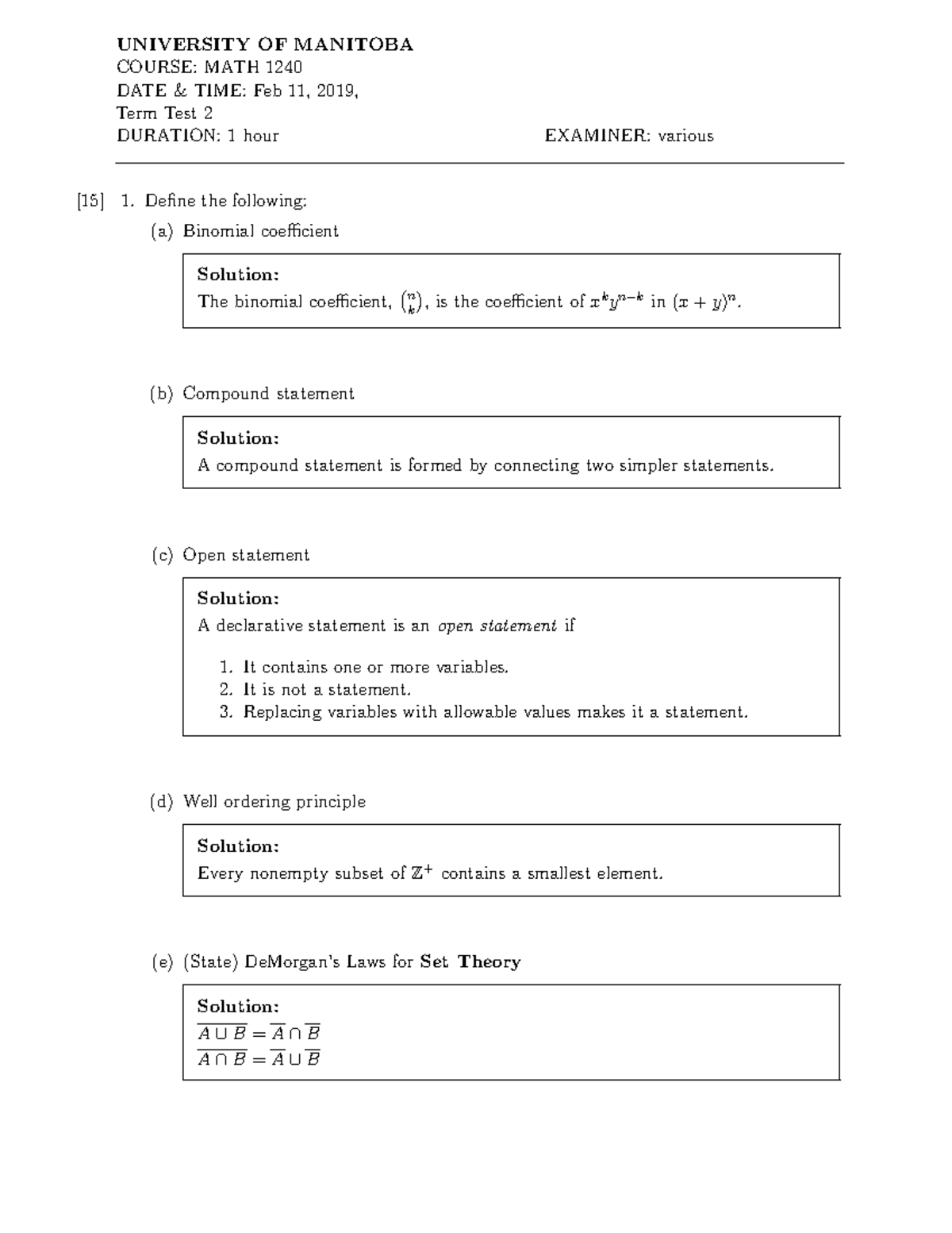 Test 2 with Solutions Discrete Mathematics 1240 2020 COURSE MATH
