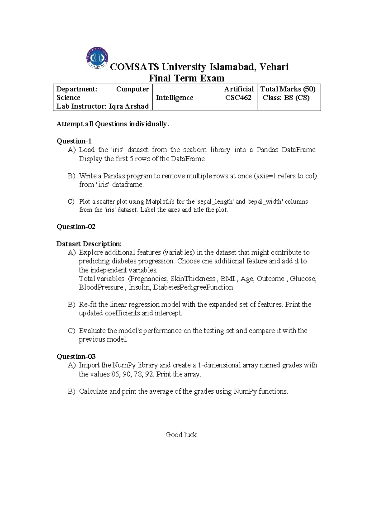 Final - COMSATS University Islamabad, Vehari Final Term Exam Department: Computer Science Lab ...
