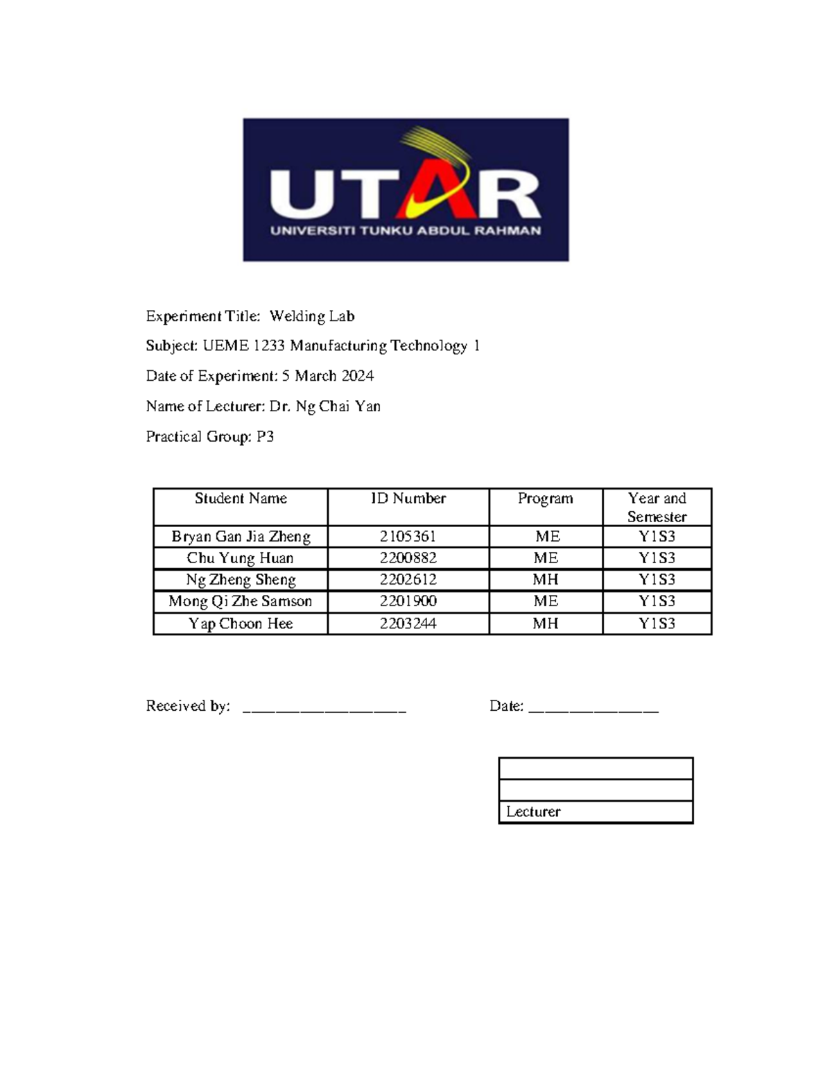 UEME1233 Welding Lab Report P3 Group 1 - Experiment Title: Welding Lab ...