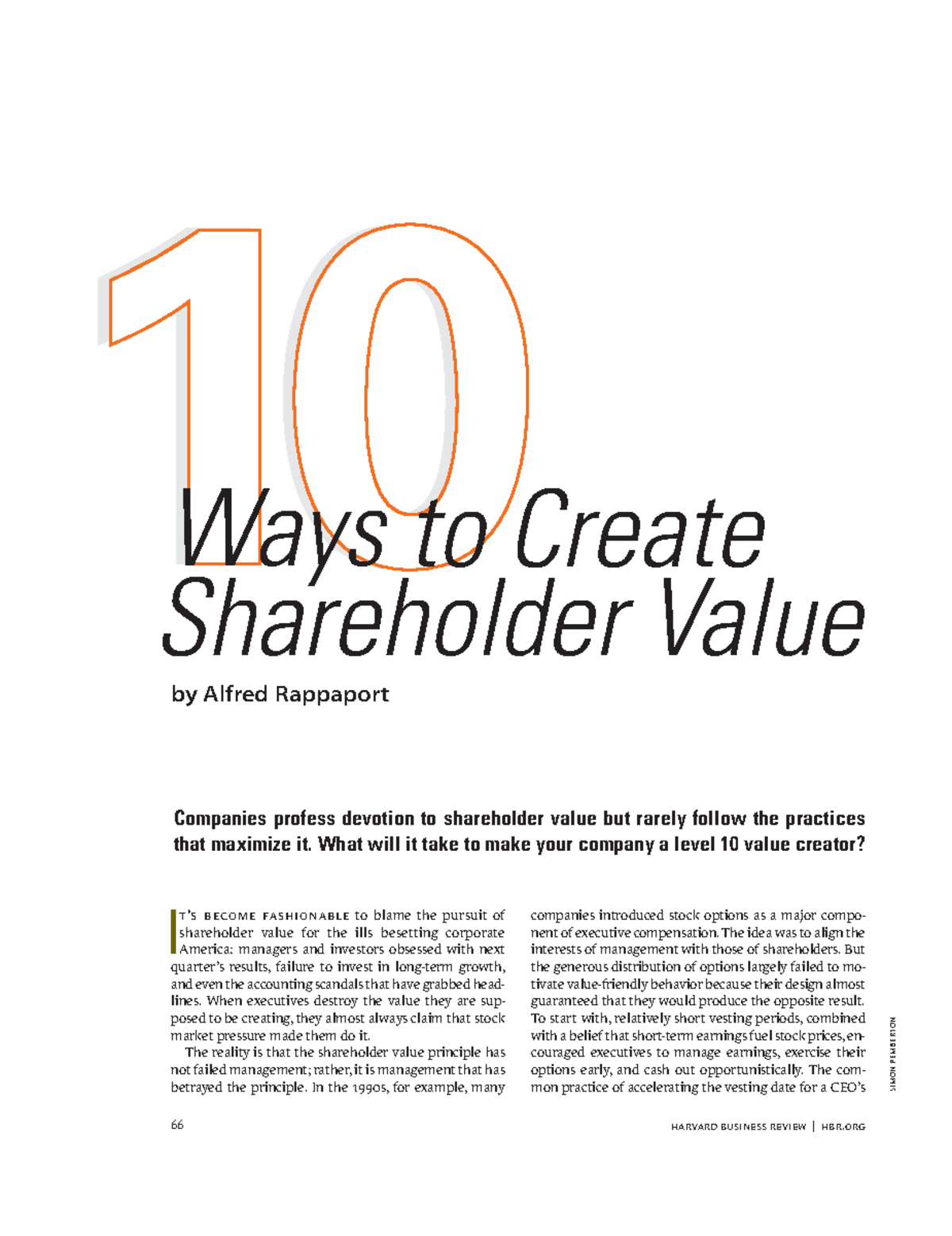 10 ways to create Shareholder Value - 0 66 harvard business review ...