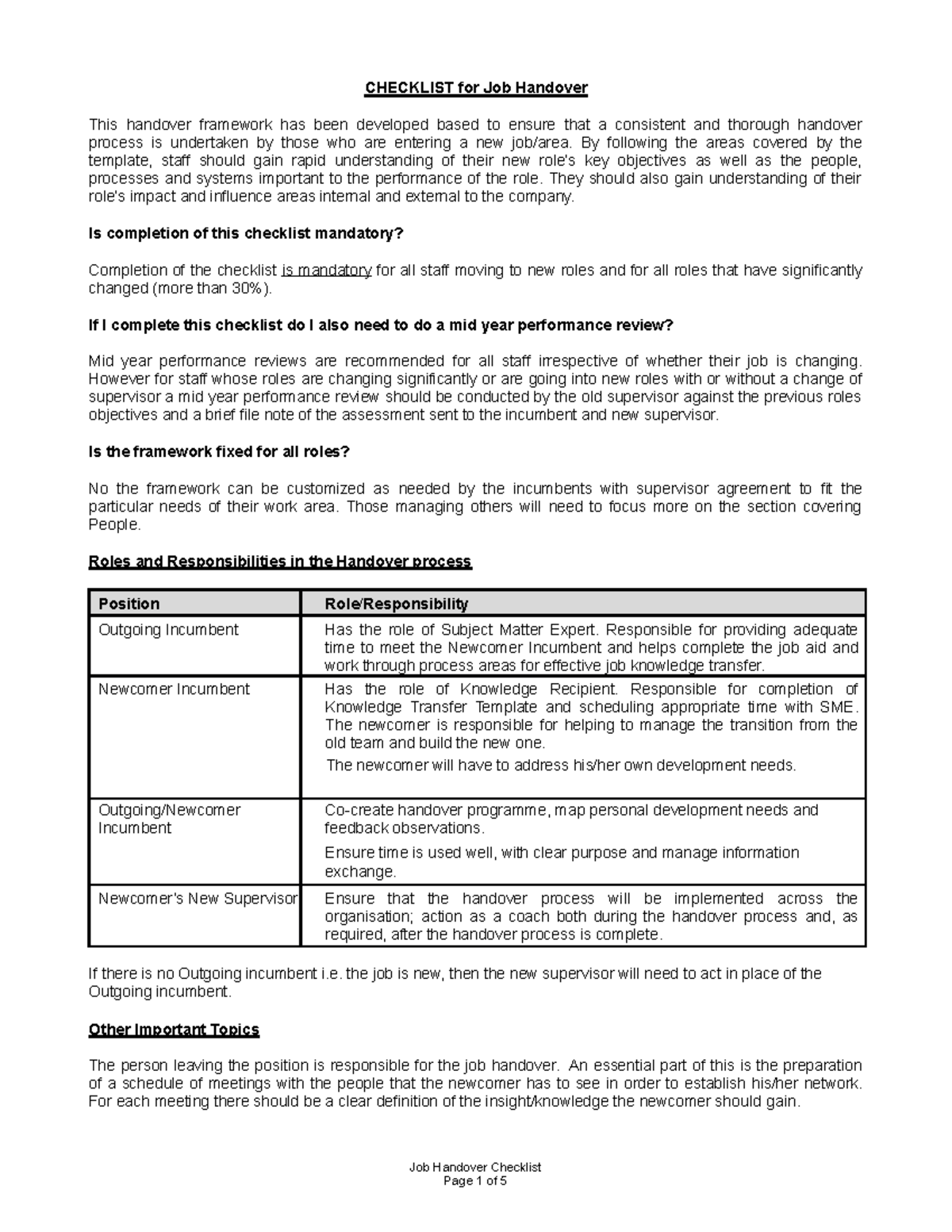 Handover Process Checklist - Job Handover Checklist Page 1 of 5 ...