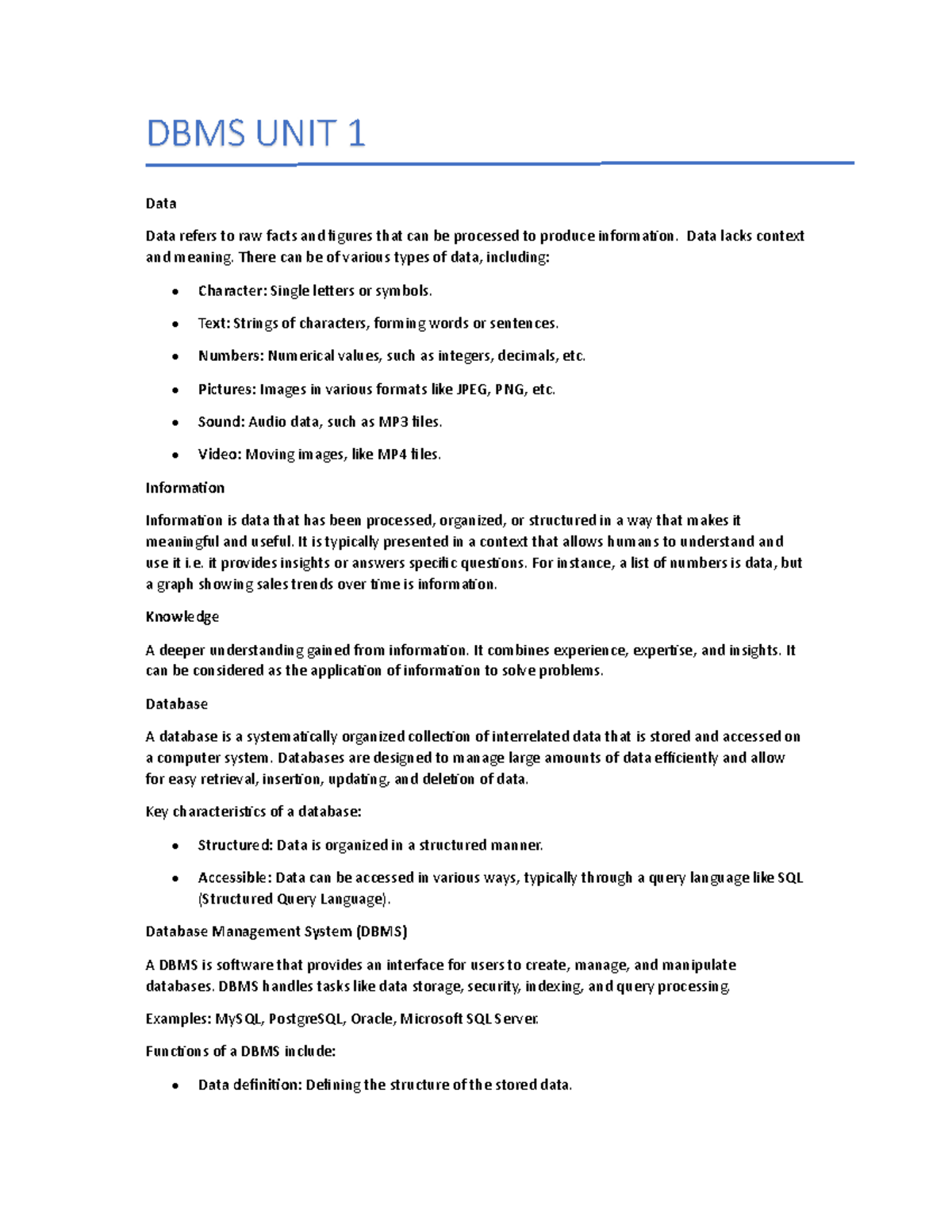 DBMS UNIT 1 PRECISE NOTES BY MY FACULTY TOPIC ER MODEL IN DETAIL WITH ...