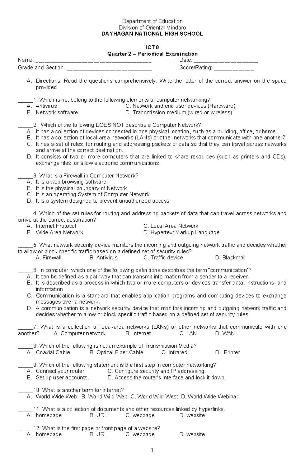 ICT 8 Q2 Periodical Test - Department of Education Division of Oriental ...