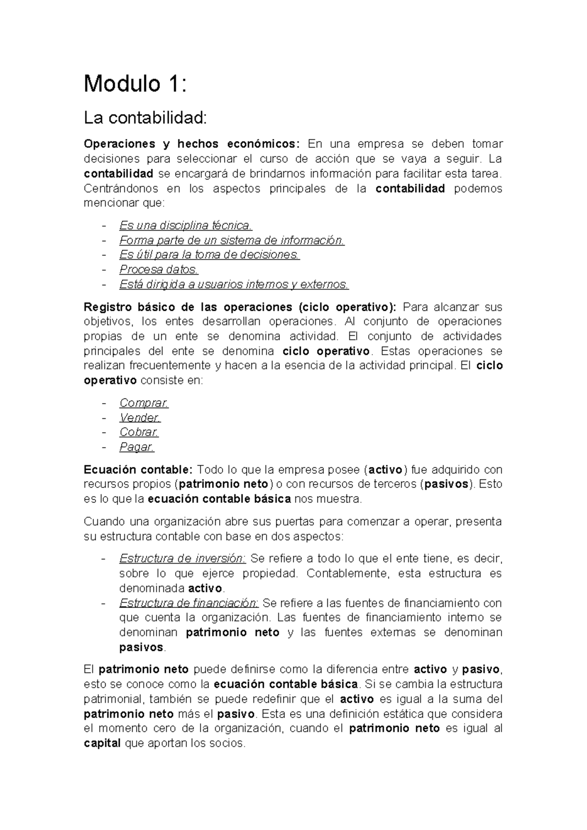 Conta M1 y M2 - resumen modulos - Modulo 1: La contabilidad: Operaciones y hechos económicos: En ...