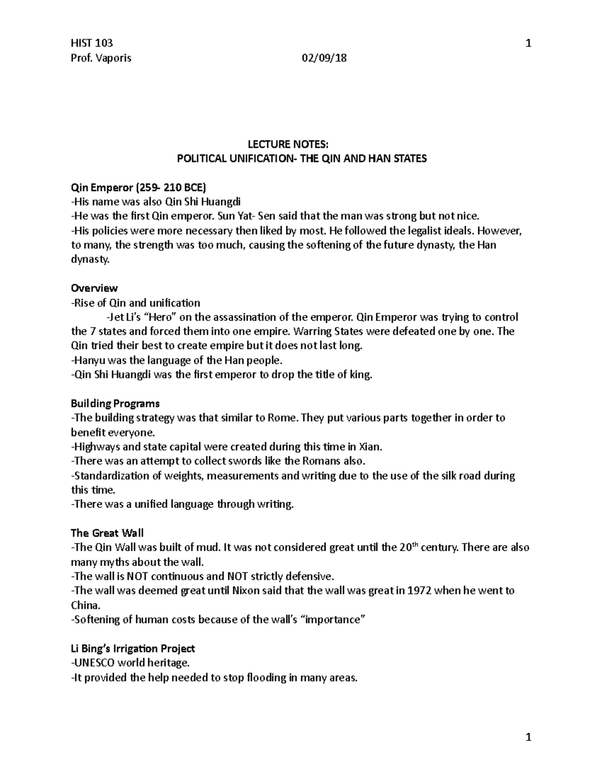 Lecture Notes 02 - Vaporis - HIST 103 Prof. Vaporis 02/09/ LECTURE ...