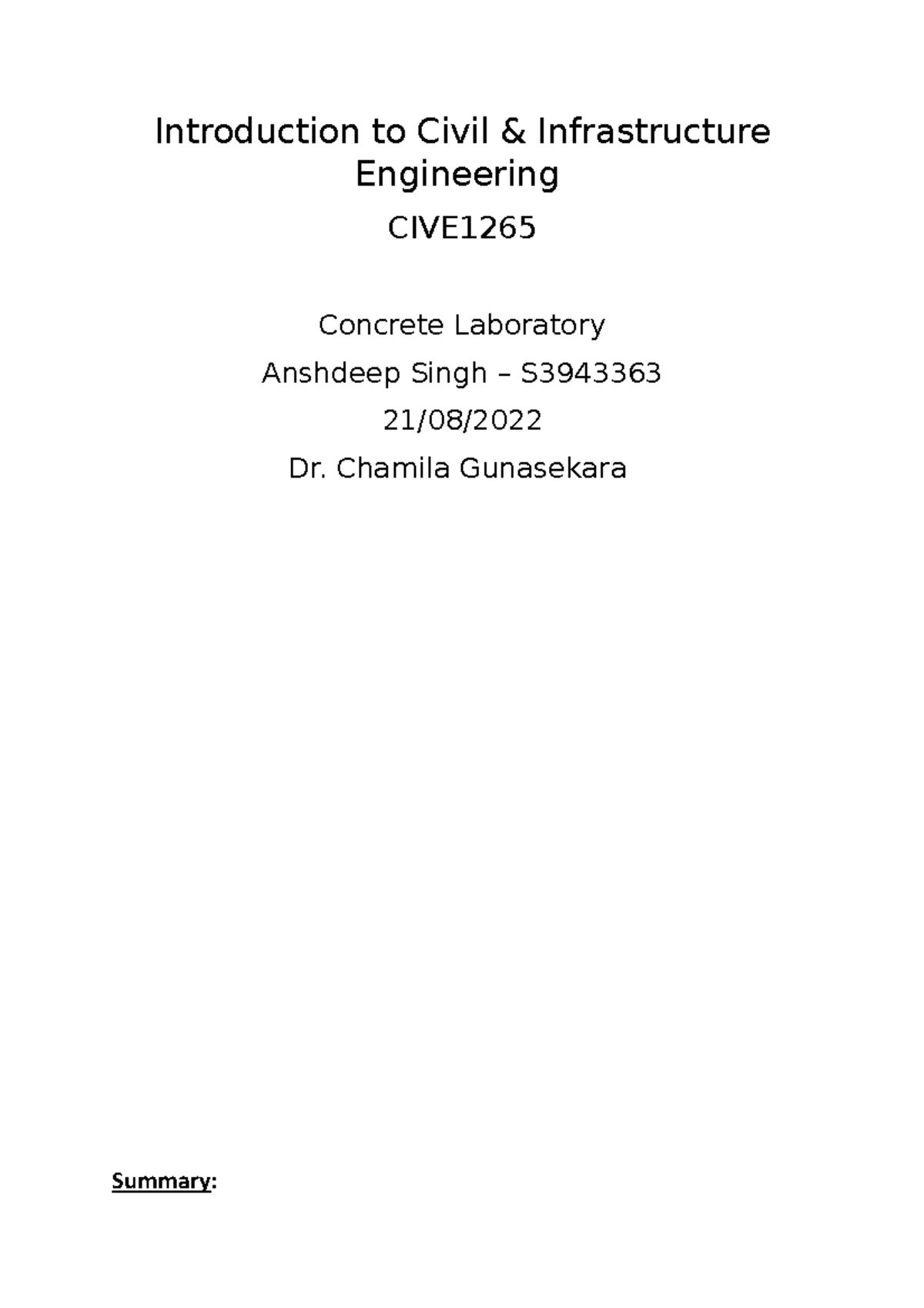 Lab Report - CIVE1265 - Introduction to Civil & Infrastructure ...