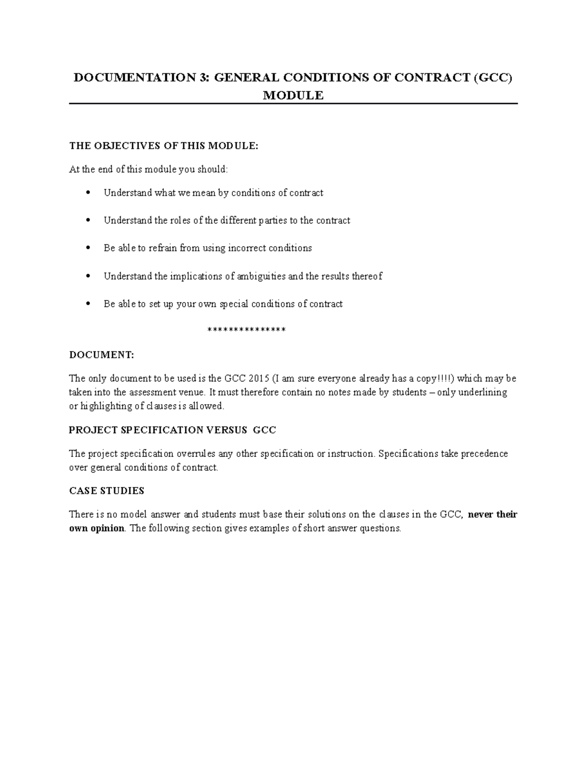 GCC handout - DOCUMENTATION 3: GENERAL CONDITIONS OF CONTRACT (GCC ...