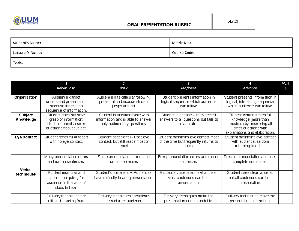 Rubric Oral A221 - ORAL PRESENTATION RUBRIC A Student’s Name: Matric No ...