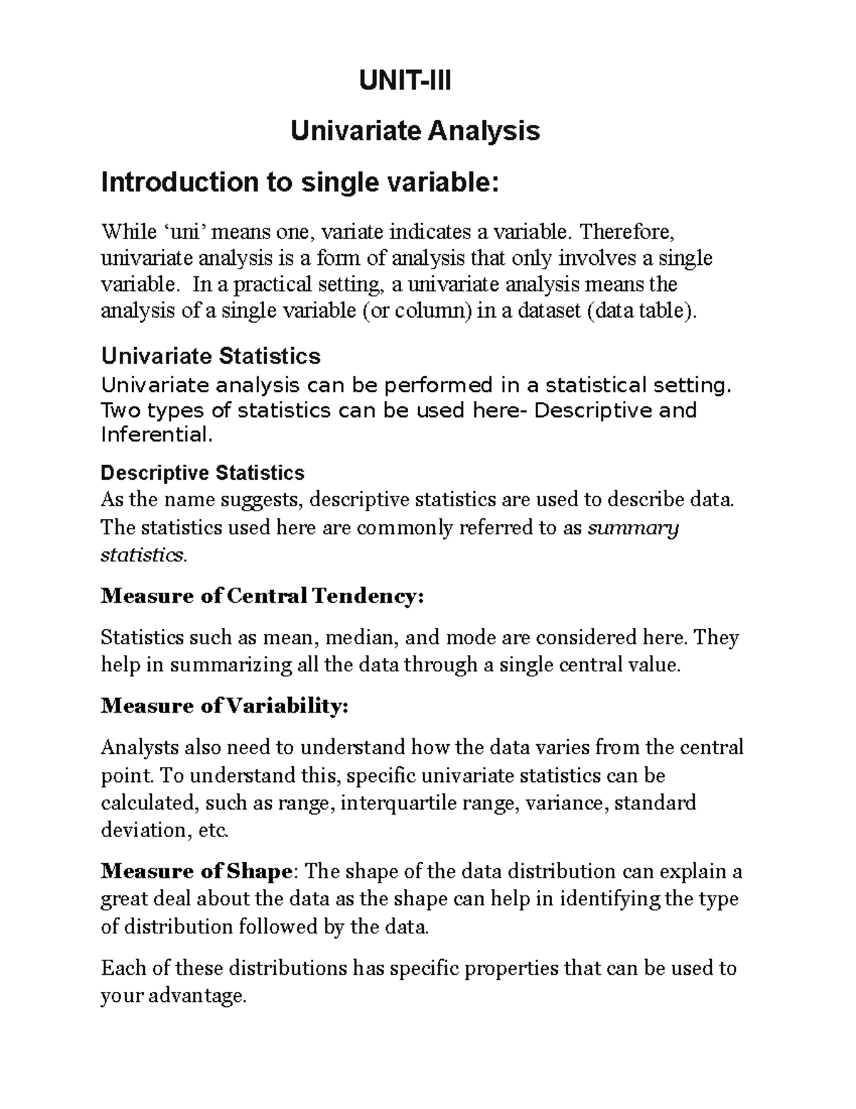 UNIT-IV - UNIT-III Univariate Analysis Introduction to single variable ...