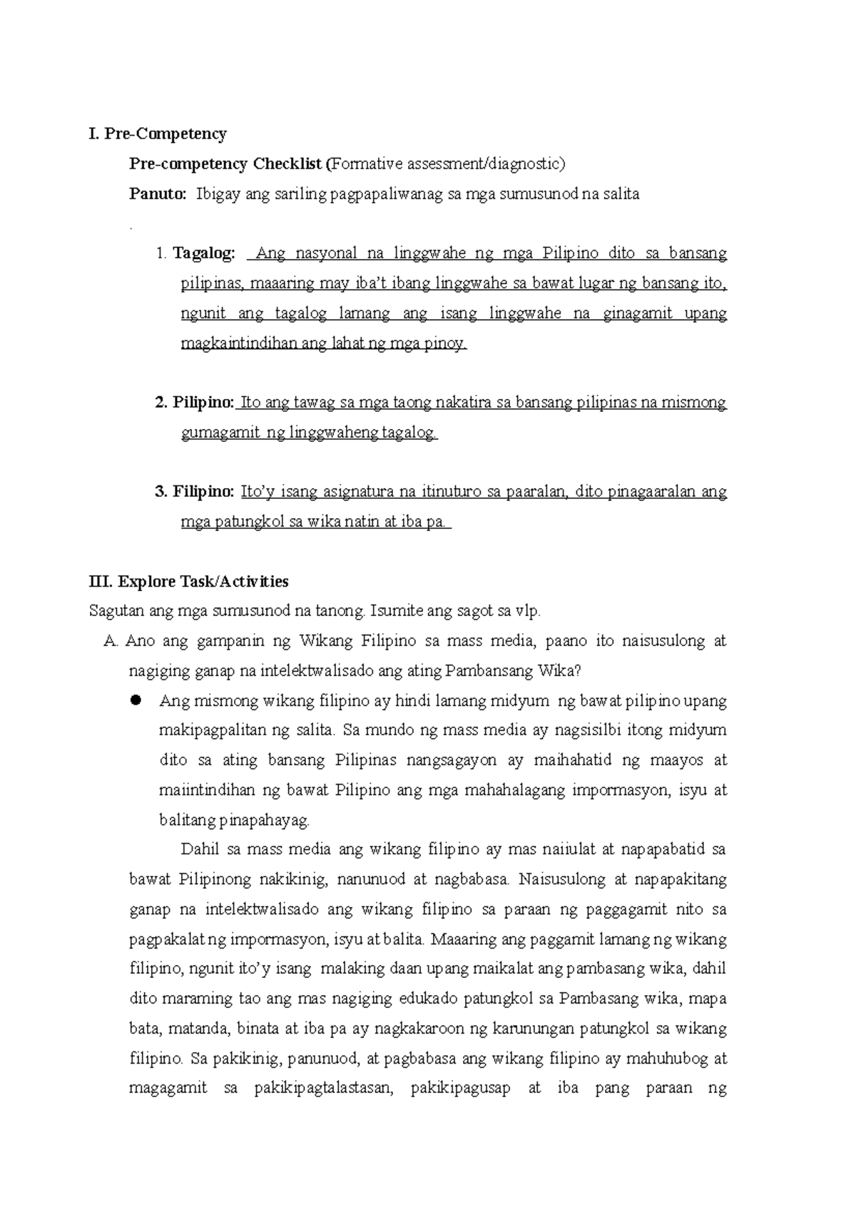 Komfil-4 - ANSWERS - I. Pre-Competency Pre-competency Checklist ...