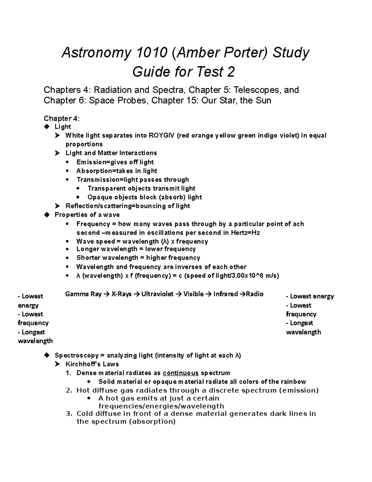 Astronomy 1010 (Amber Porter) Study Guide for Test 2 - Dense material ...