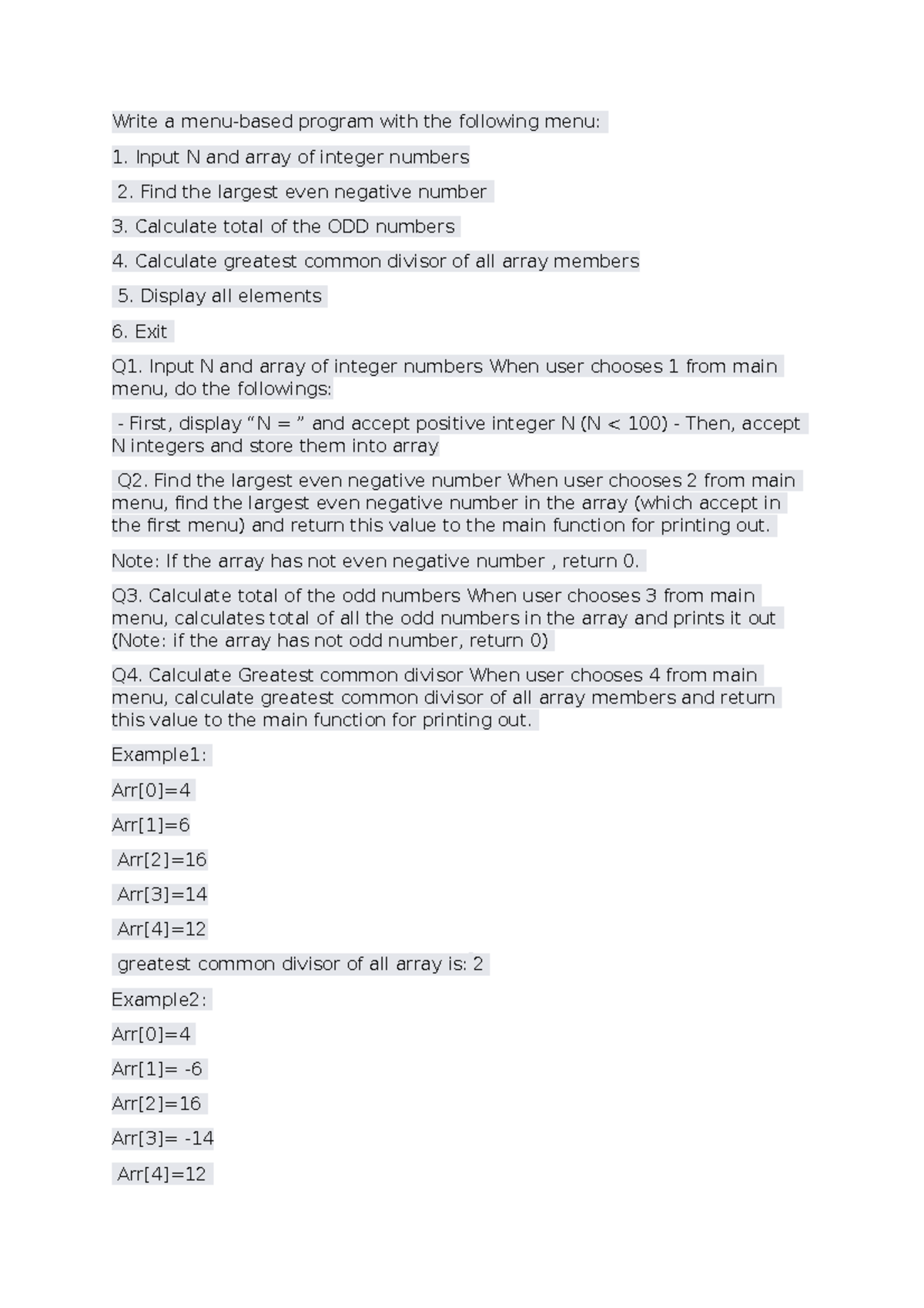 Write a menu - âsasasa - Write a menu-based program with the following menu: Input N and array ...
