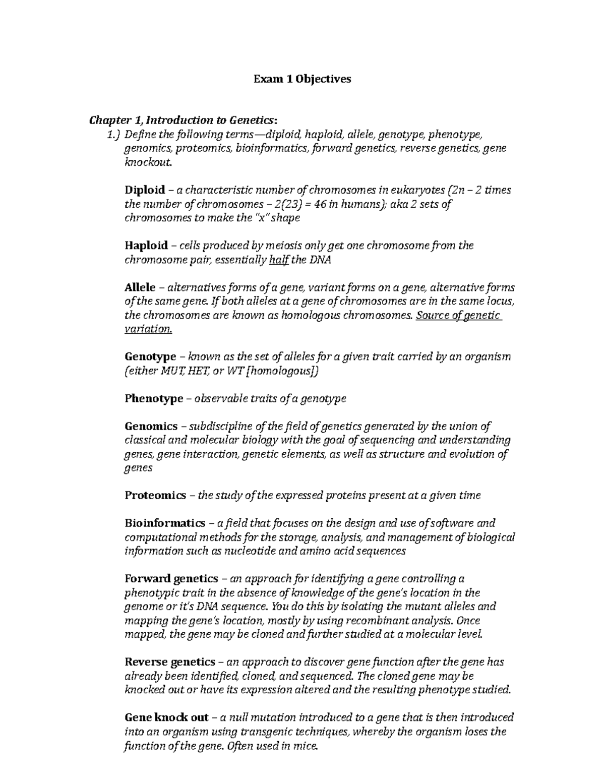 Genetics Exam 1 Objectives - Exam 1 Objectives Chapter 1, Introduction ...