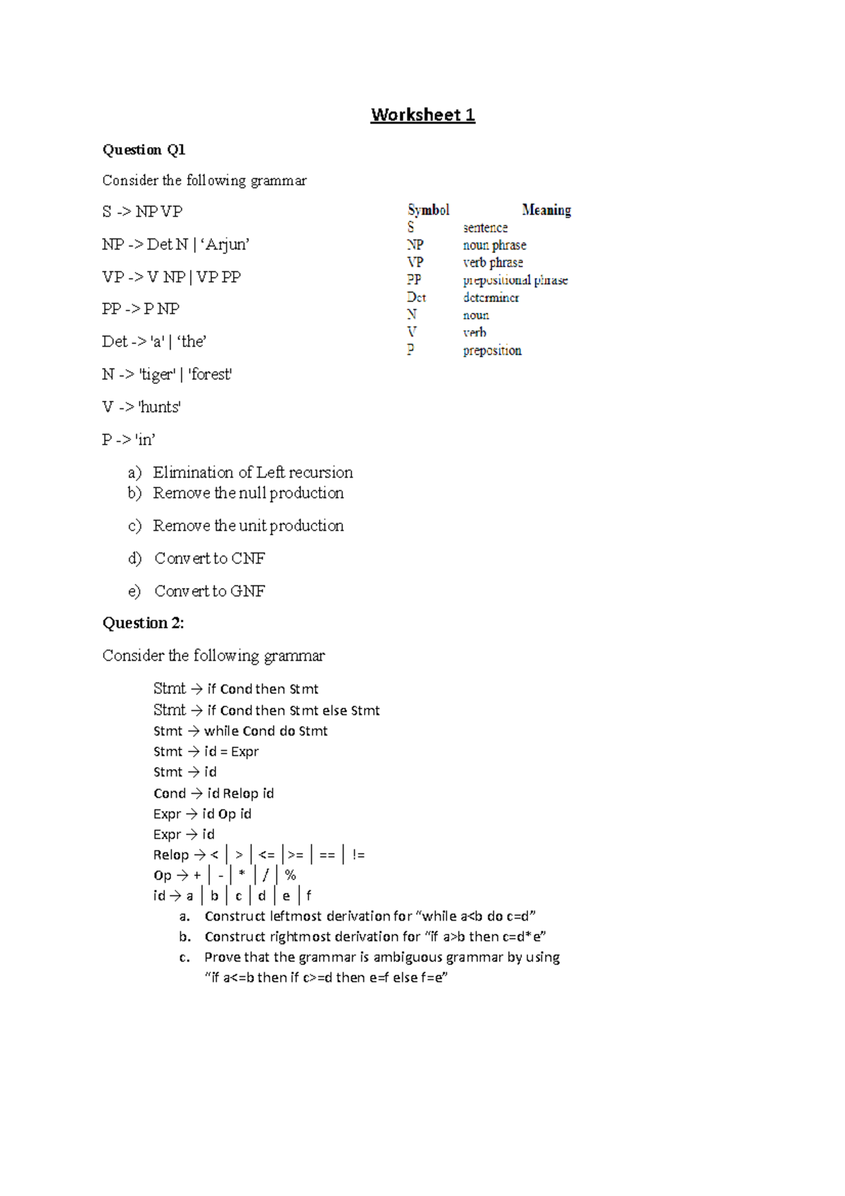 Cfg worksheet 1 - Worksheet 1 Question Q Consider the following grammar ...