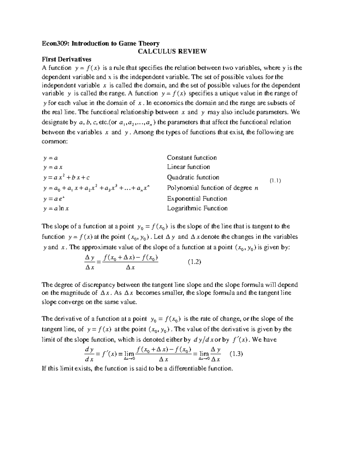 Calculus review for chapter 3 econ 309 - Econ3 09 : Introduction to ...