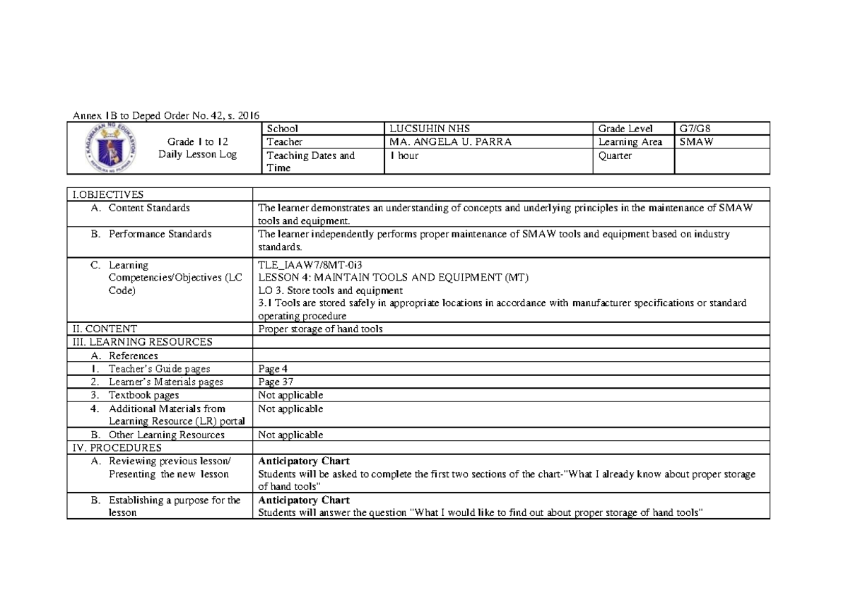 6. Proper storage of hand tools - Annex 1B to Deped Order No. 42, s ...