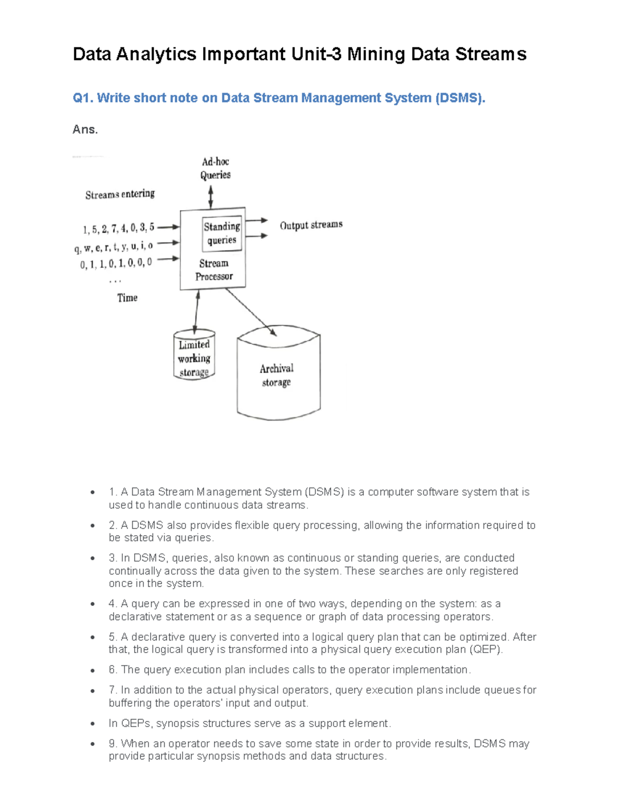 Data analytics - Write short note on Data Stream Management System ...