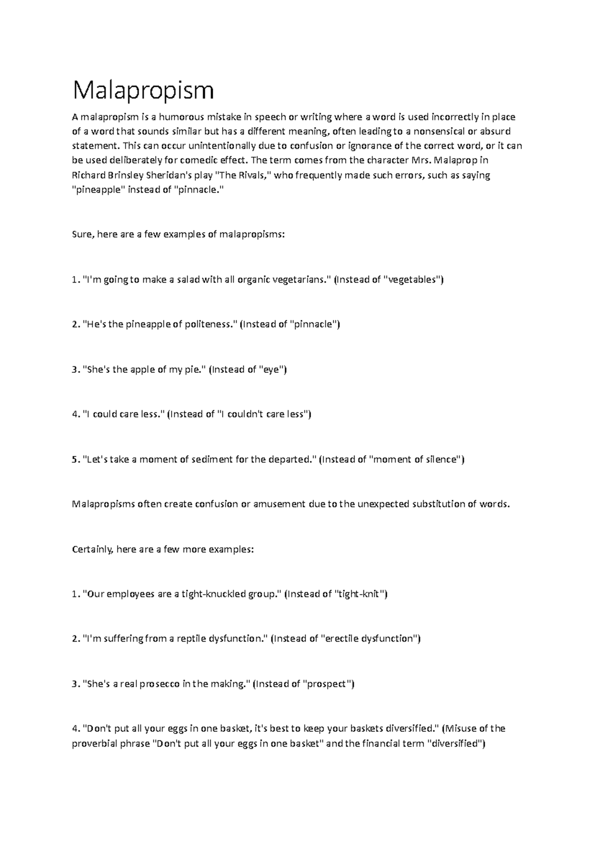 Melapropisms - Grade 11 - Malapropism A malapropism is a humorous ...