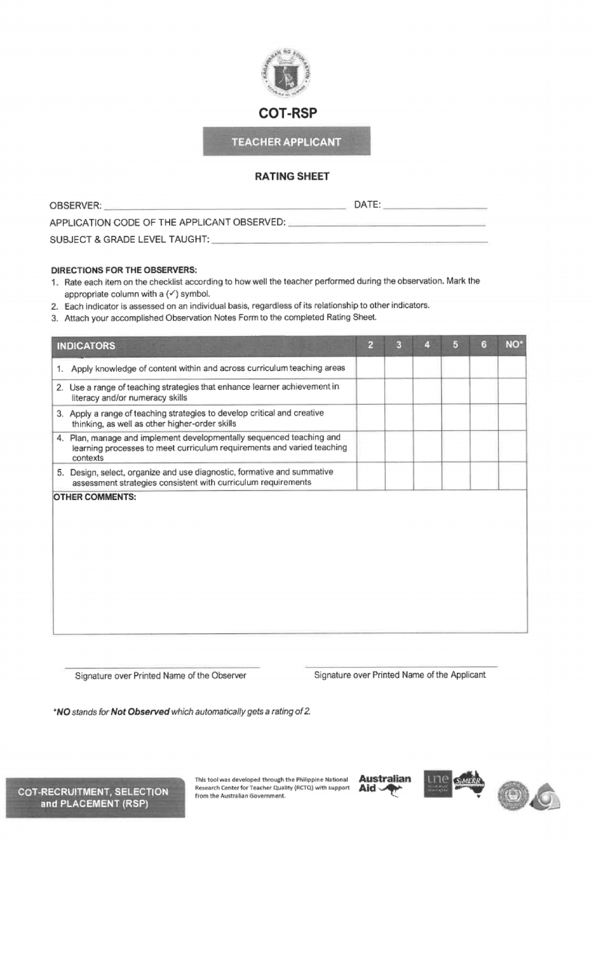Cot rsp rating sheet - Elementary Education - Studocu