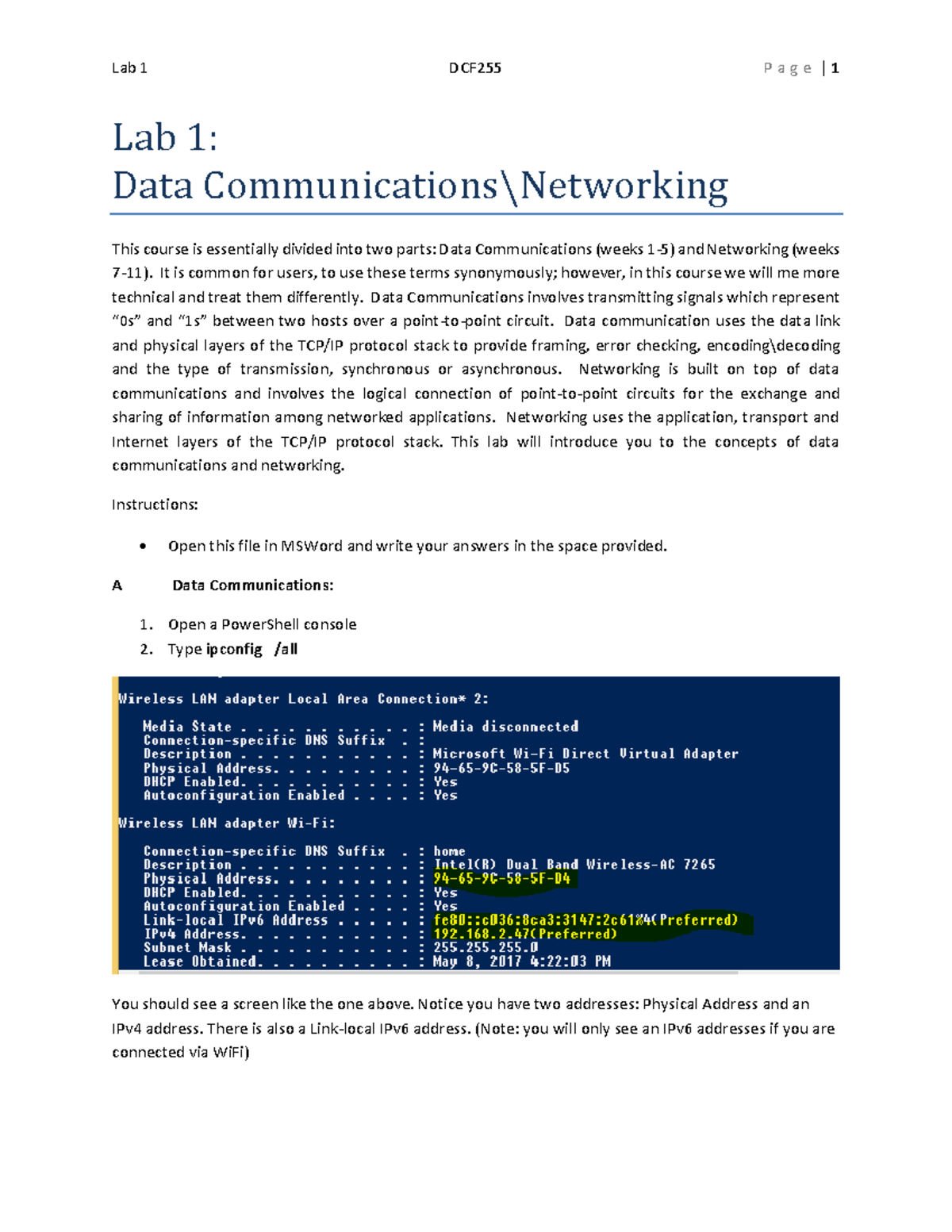 Lab1 Data Comm Networing Overview S2020 Lab 1 Data Communications