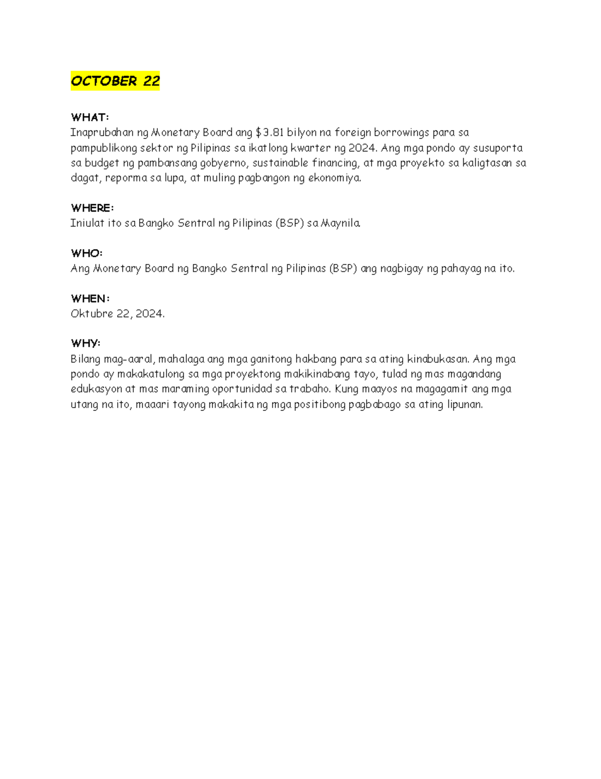 Copy of balita oct 22-25, 28-29 - Google Docs - WHAT: Inaprubahan ng ...