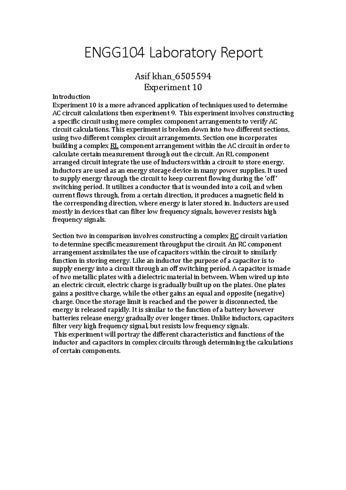 ENGG104 Laboratory Report - ENGG 104 Laboratory Report Asif khan_ Experiment Introduction ...