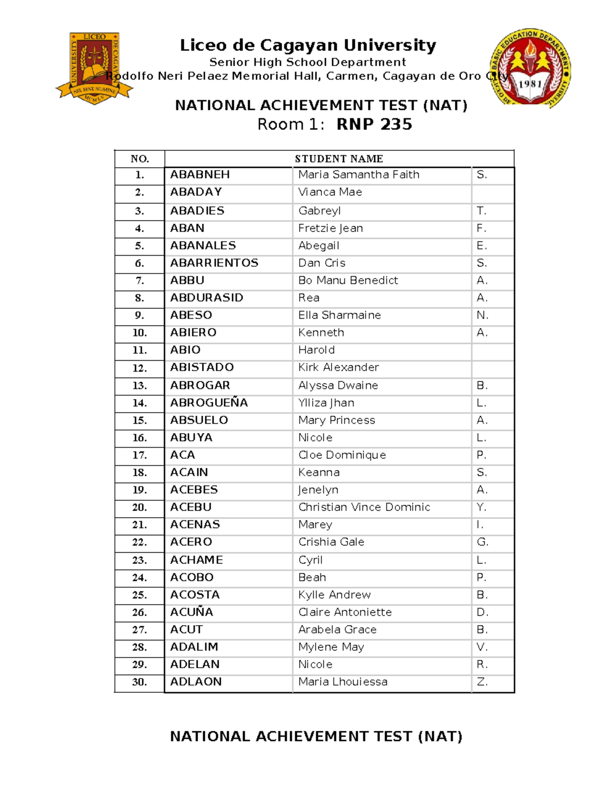 Final LIST OF NAT Names - Practical - Senior High School Department ...