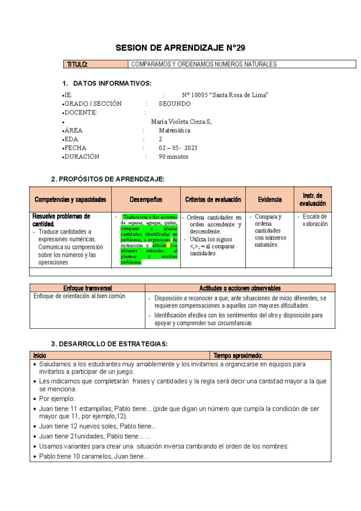 Ilide - SESION DE APRENDIZAJE N° TITULO: COMPARAMOS Y ORDENAMOS NUMEROS NATURALES 1. DATOS - Studocu