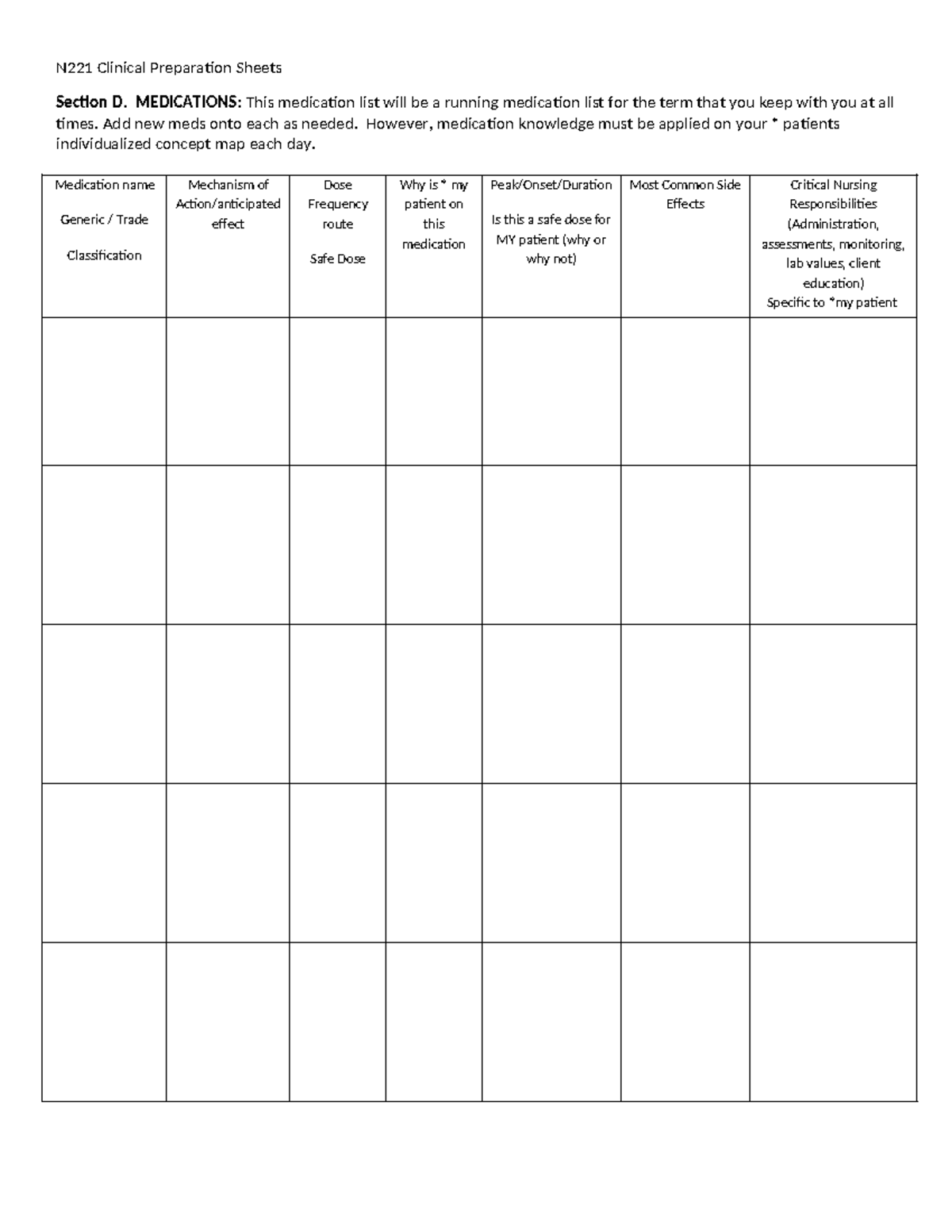 Medication Research - N221 Clinical Preparation Sheets Section D ...