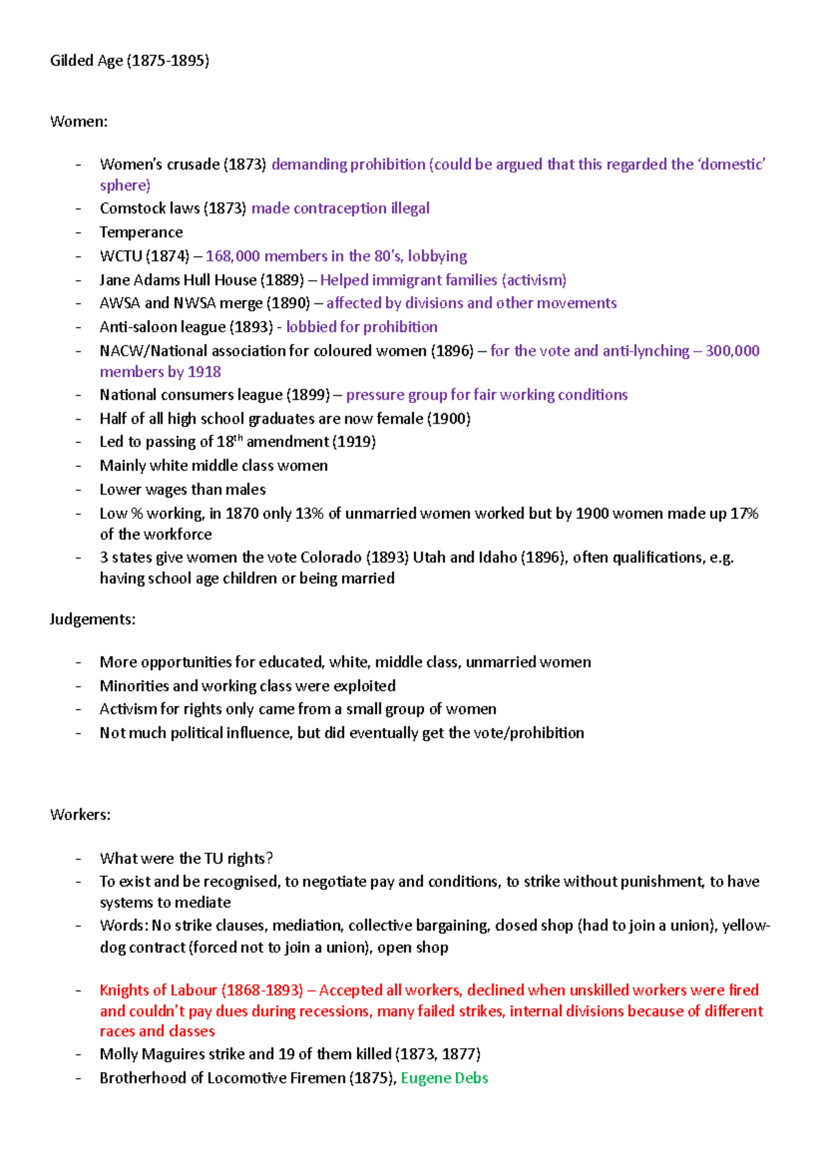 Gilded Age Key Events - Gilded Age (1875-1895) Women: - Women’s crusade ...