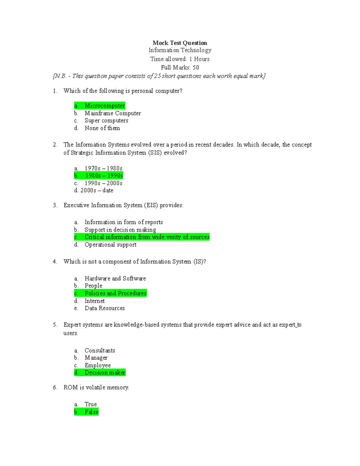 Information Technology Marked Answers - Mock Test Question Information ...