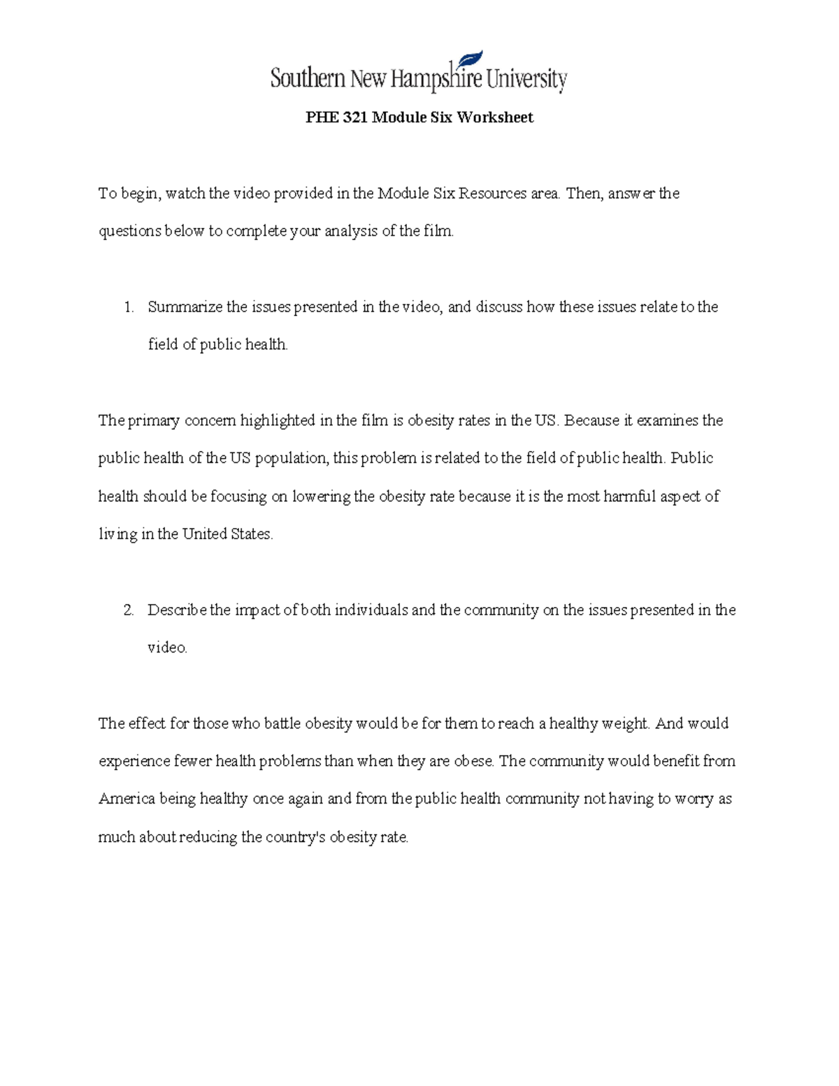 PHE 321 Module Six Worksheet 2 - PHE 321 Module Six Worksheet To begin ...