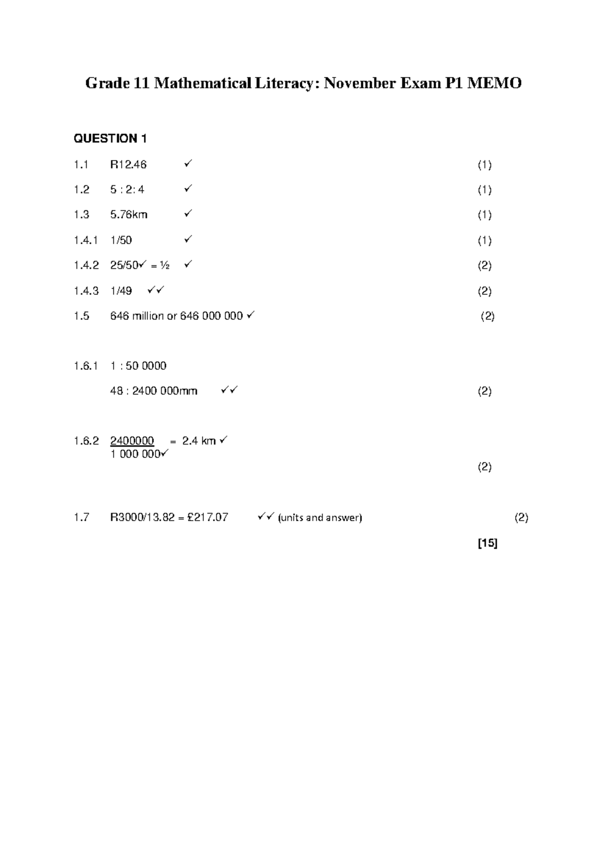 Mathlit gr11 p1 nov2015 exam memo - Grade 11 Mathematical Literacy ...