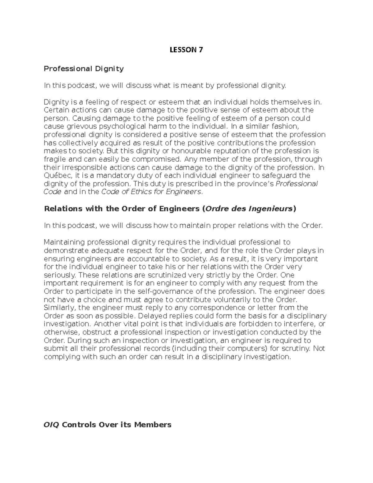 Lesson 7 - Code of Ethics for Engineers - LESSON 7 Professional Dignity ...