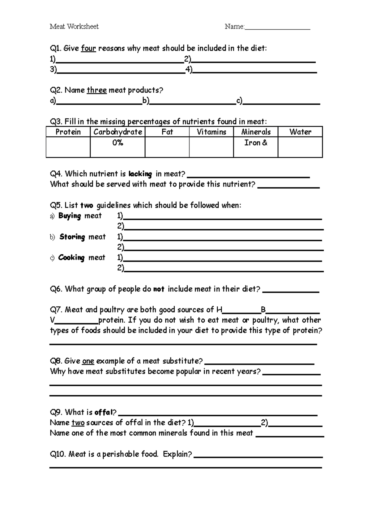 Meat Worksheet - This includes the fundamentals and principles in ...