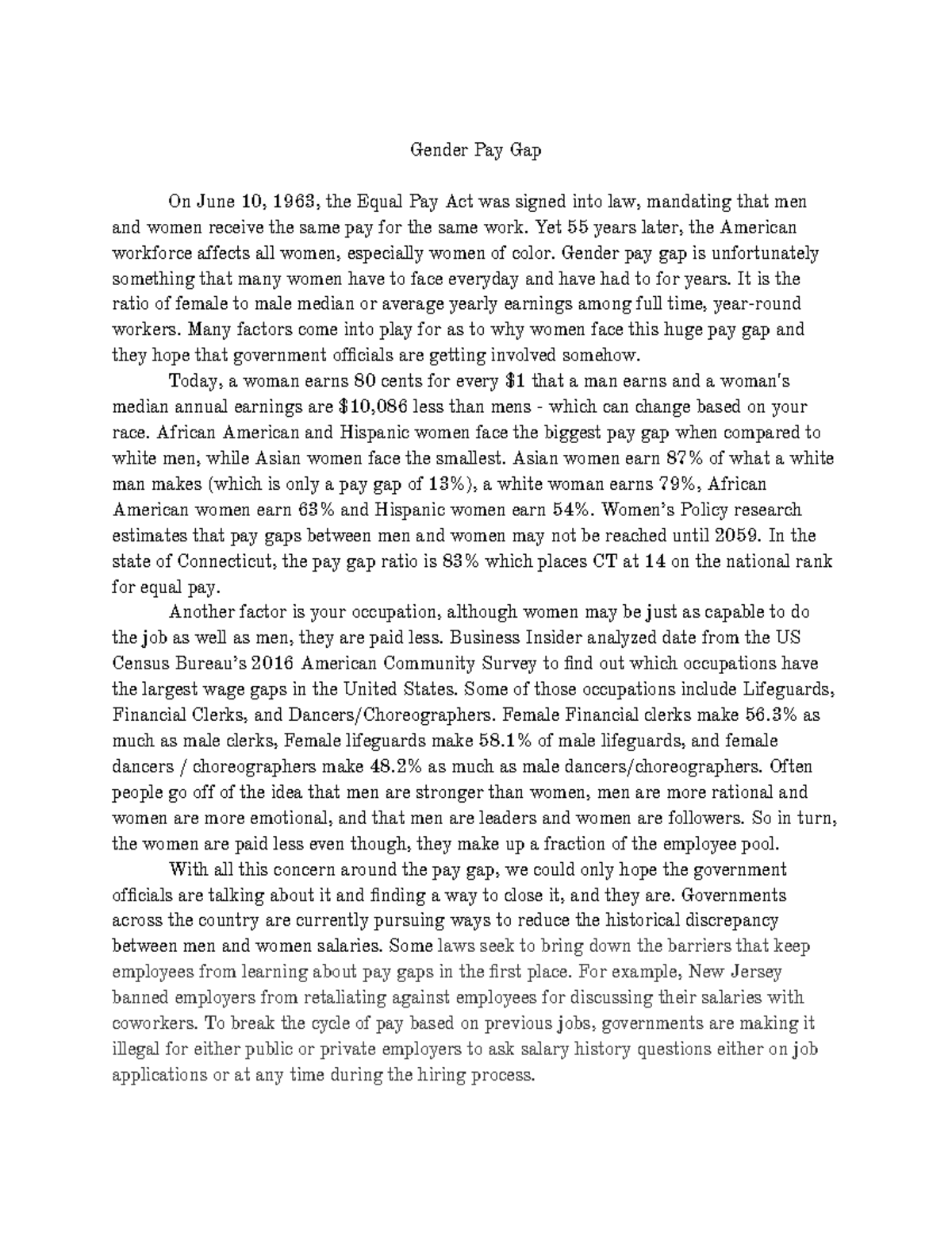 Gender Pay Gap - paper - Gender Pay Gap On June 10, 1963, the Equal Pay ...