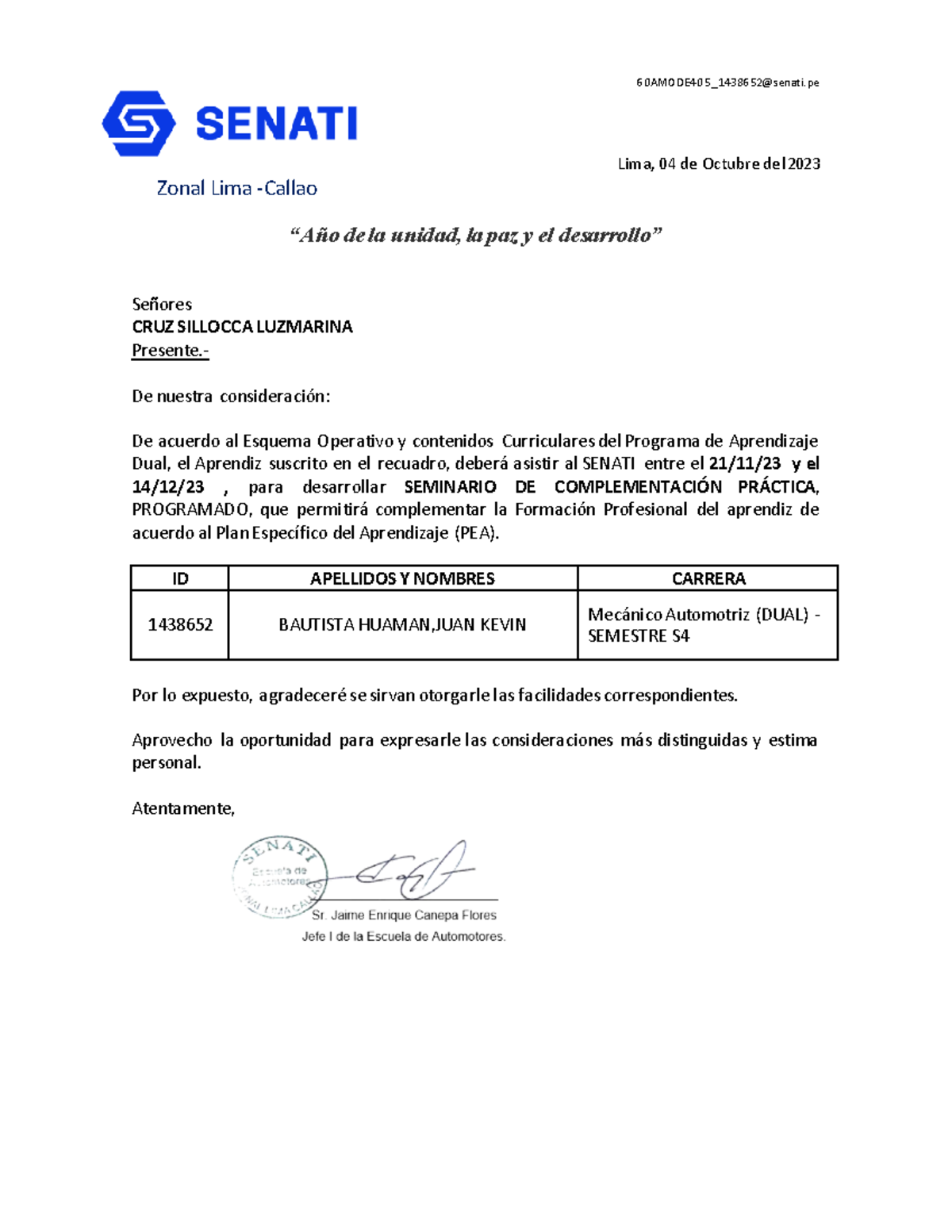 60 Amode 405 - Senati - Lima, 04 de Octubre del 2023 Zonal Lima ...