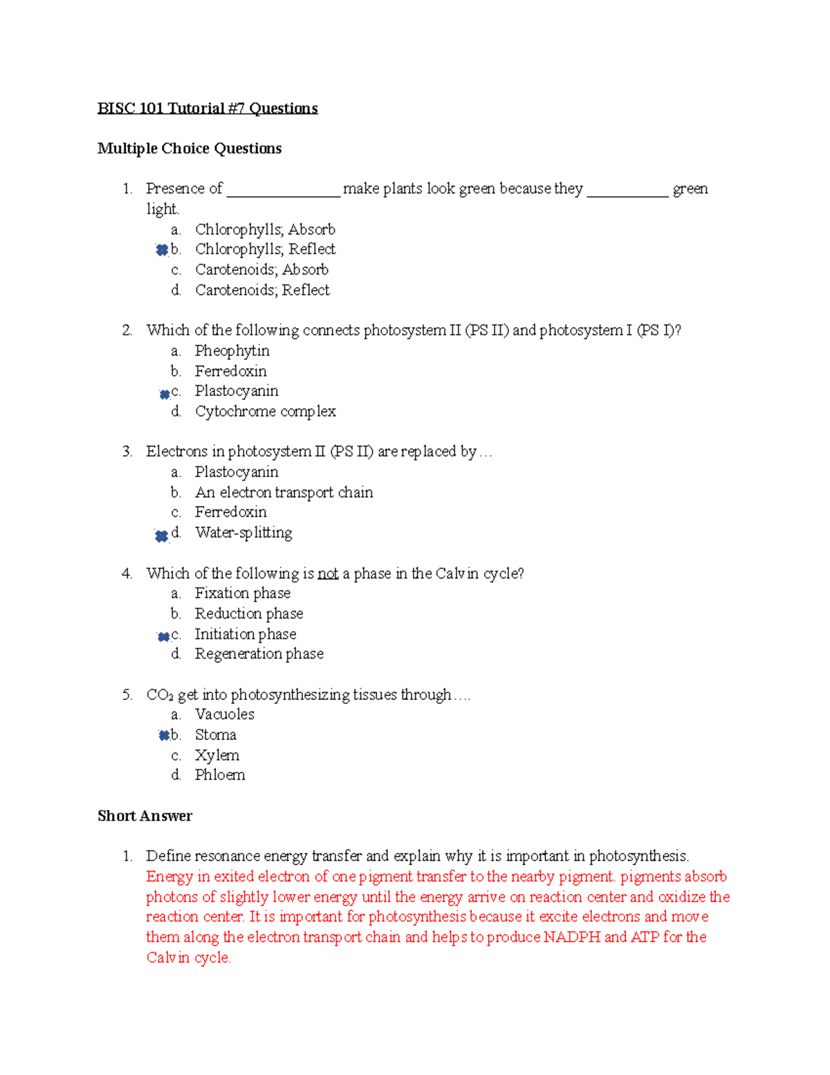 Tutorial 7 Worksheetنمونه سوال - BISC 101 Tutorial #7 Questions ...