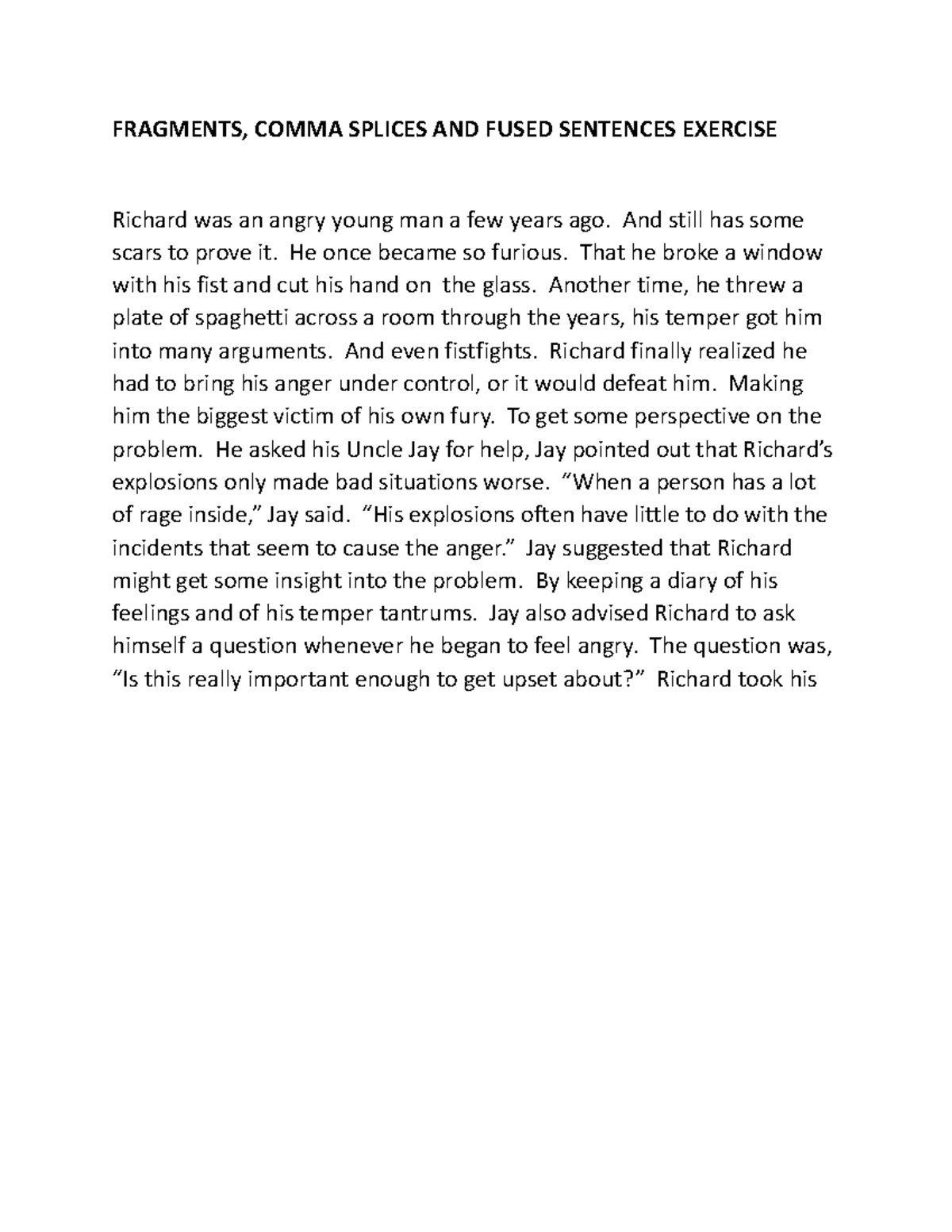 Fragments, Comma Splices and Fused Sentences Paragraph - FRAGMENTS ...