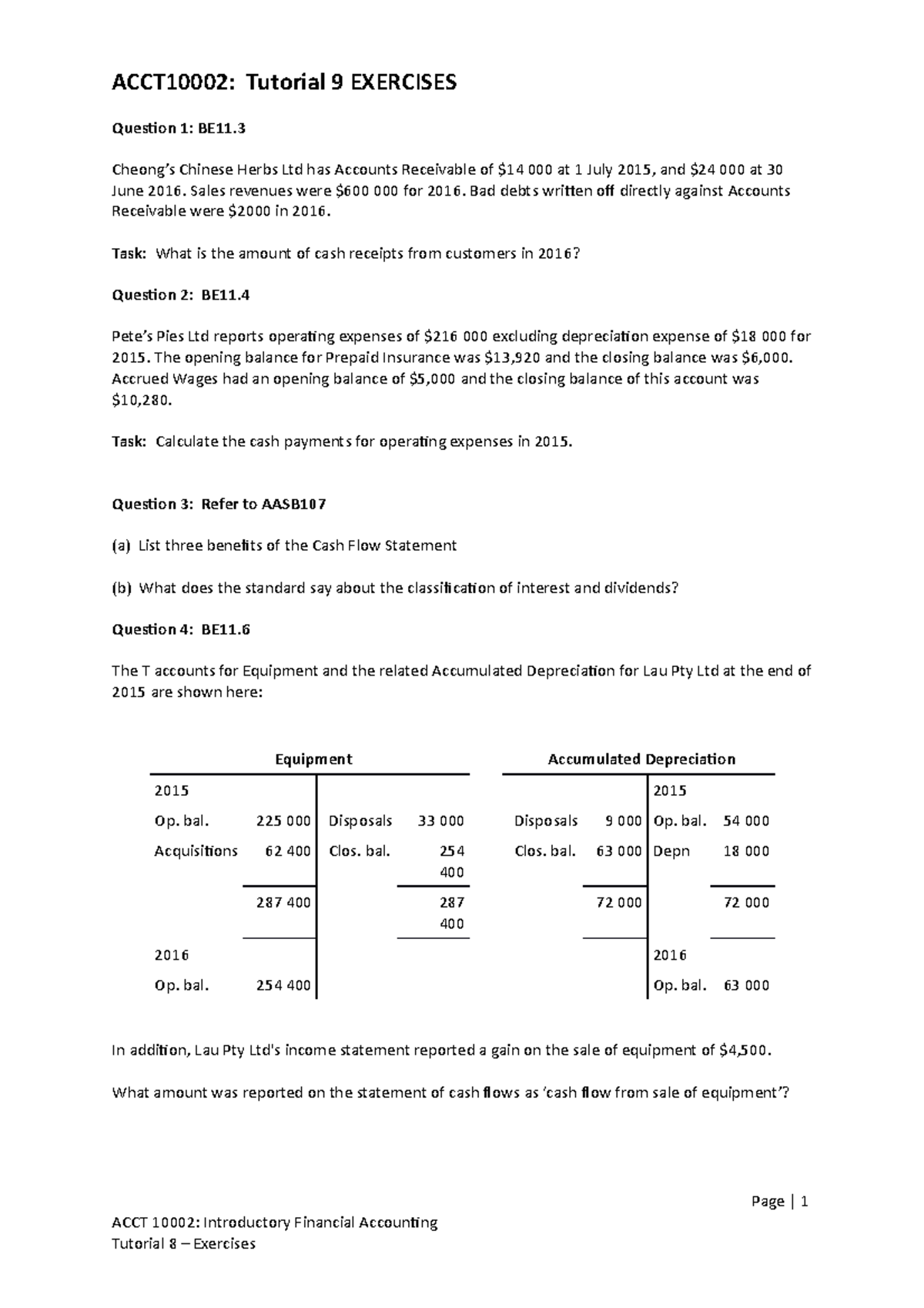 ARA Tutorial 9 Exercises - ACCT10002: Tutorial 9 EXERCISES Question 1: BE11 Cheong’s Chinese ...
