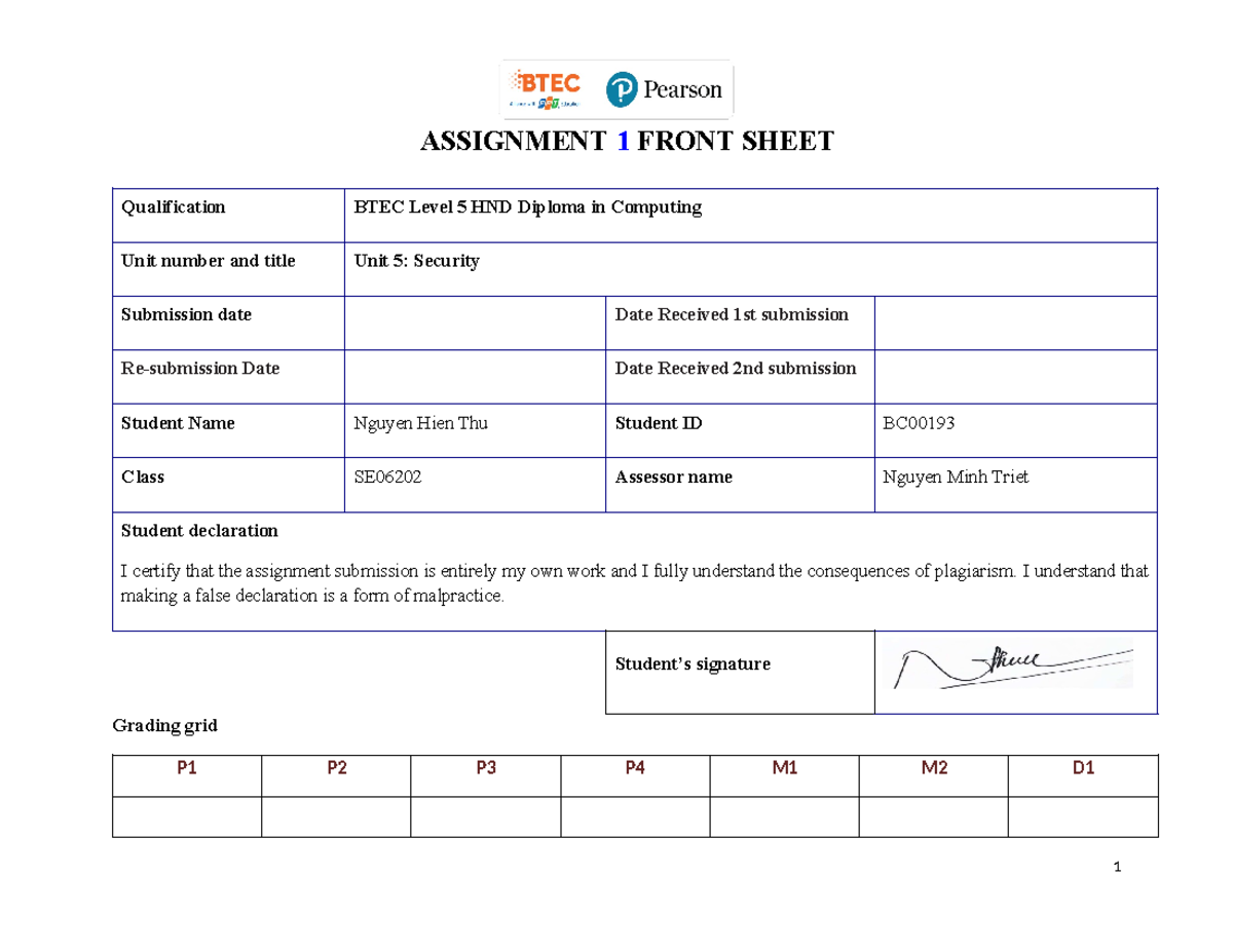 Assignment 1 Frontsheet - ASSIGNMENT 1 FRONT SHEET Qualification BTEC Level 5 HND Diploma in ...